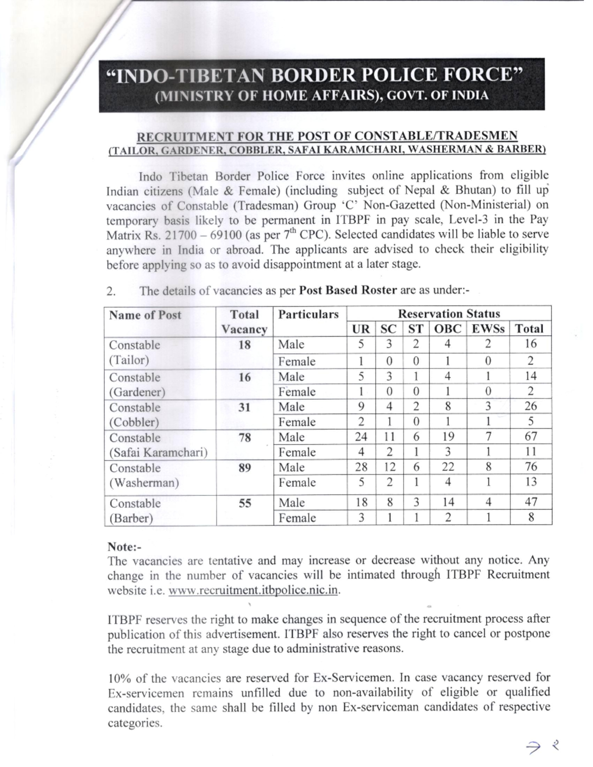 Itbp Constable Tradesman Recruitment 2022 Notification Civil