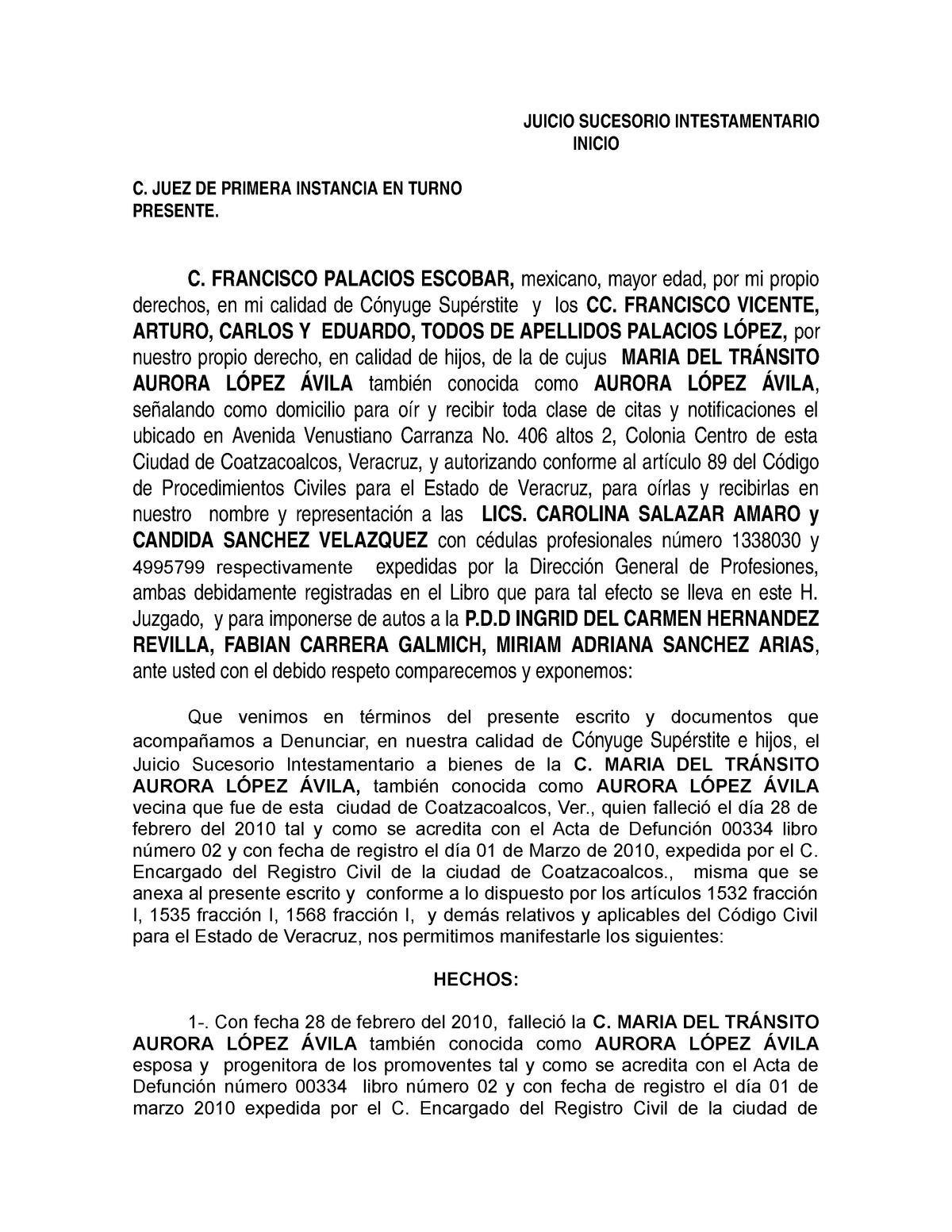 Intestado Palacios Escrito Inicial De Demanda Juicio Sucesorio