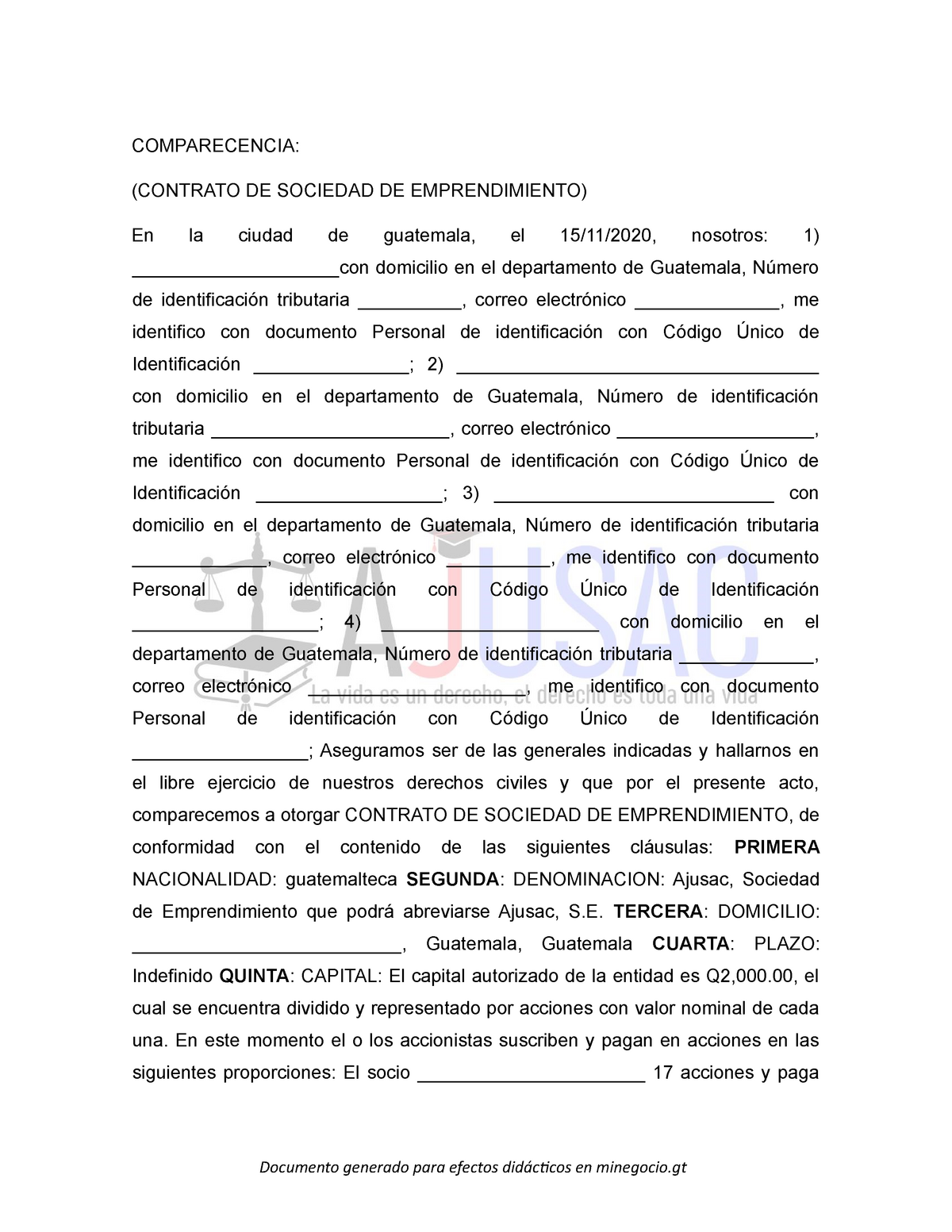 Contrato De Sociedad De Emprendimiento Comparecencia Contrato De