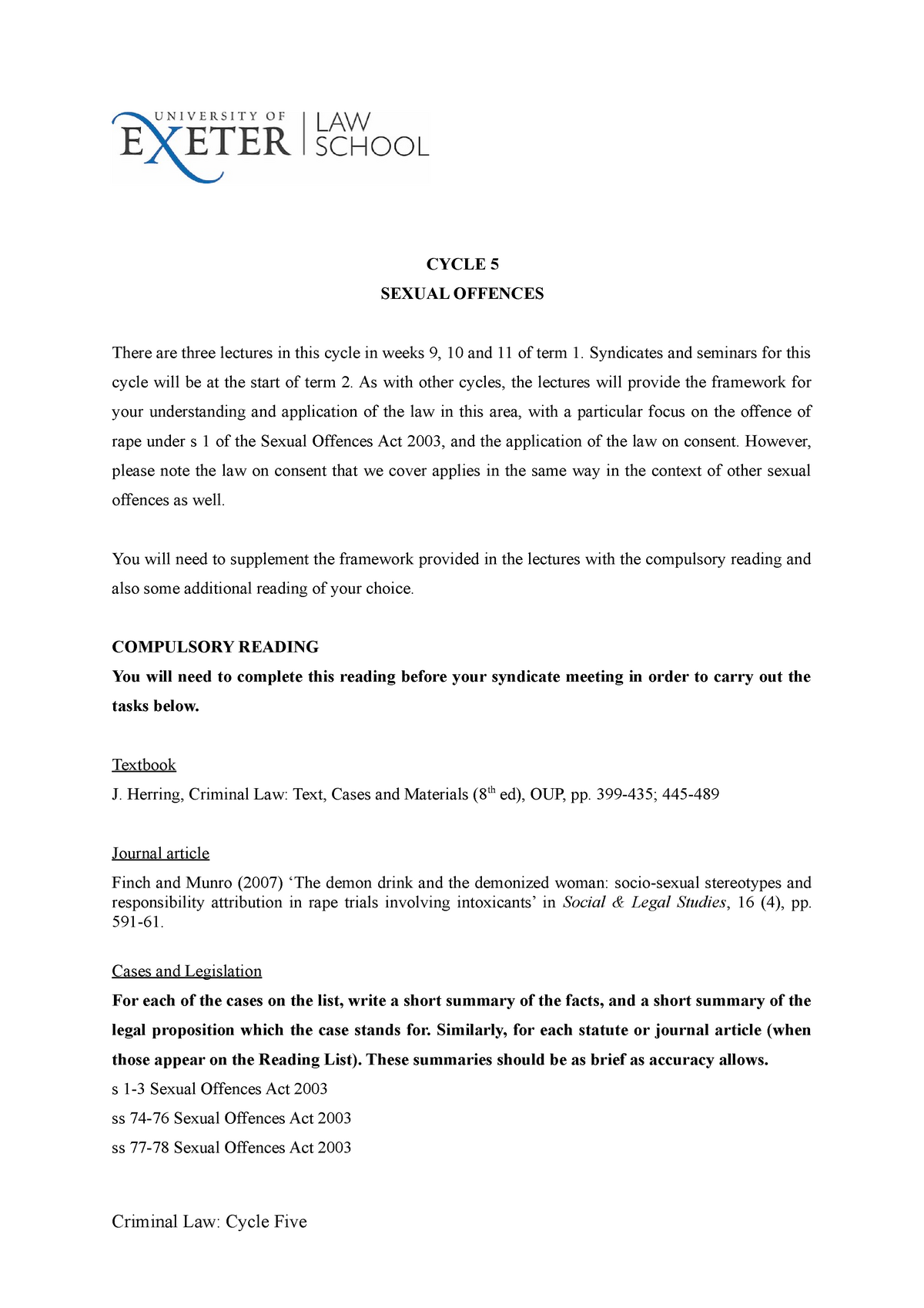 Cycle Five Information And Tasks Cycle 5 Sexual Offences There Are