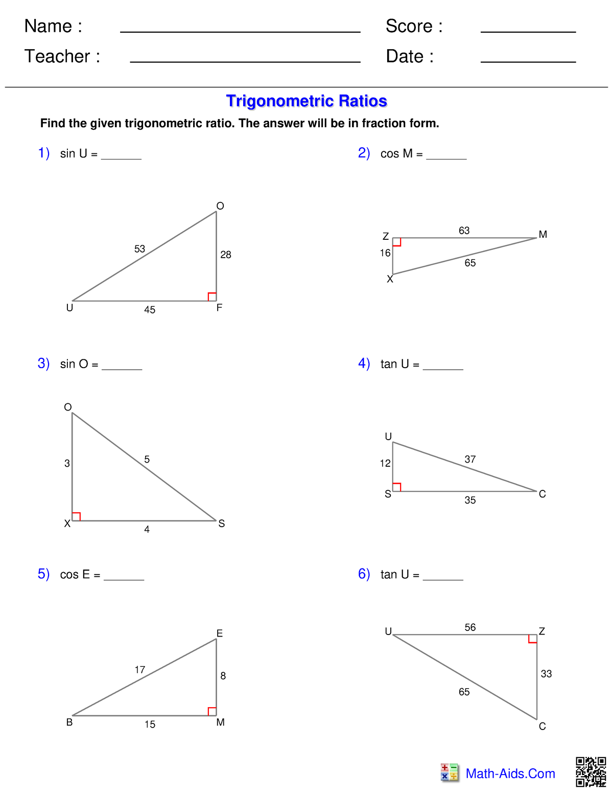 Trig Ratios Fuck You Name Teacher Date Score Math Aids