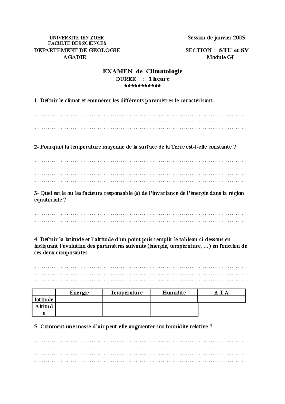 2005 Examen Janv Cours Et Exercice Biologie Universite Ibn Zohr