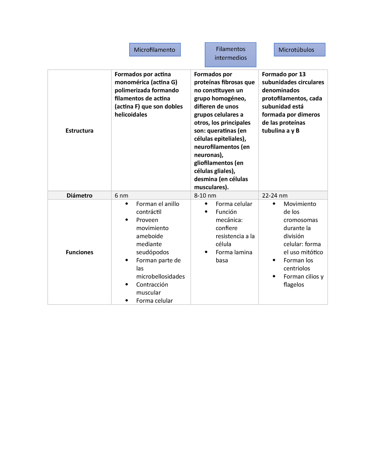 Cuadro Comparativo Componentes Citoesqueleto Estructura Formados Por