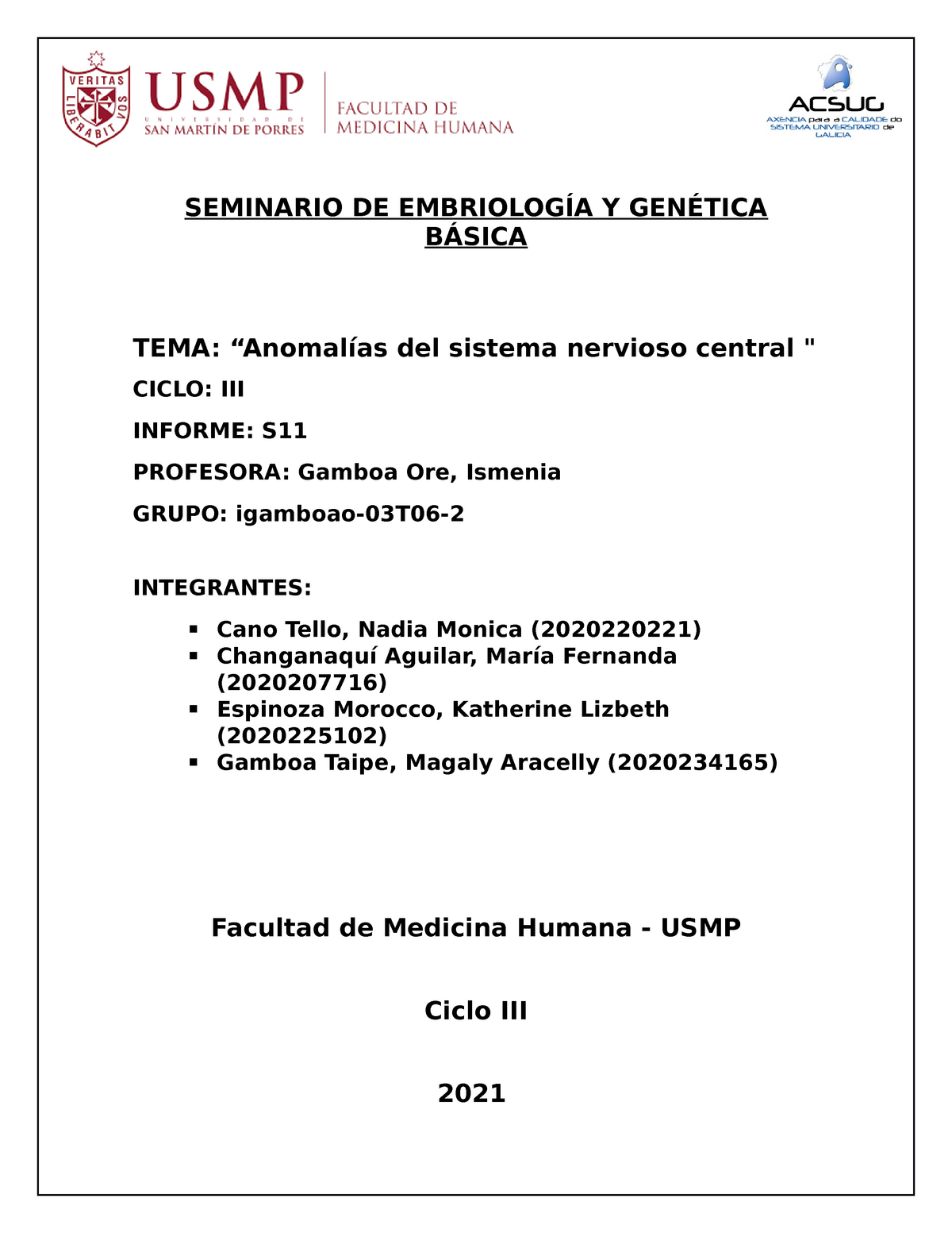 Seminario De Embriología Y Genética Básica Informe 11 EmbriologÍa