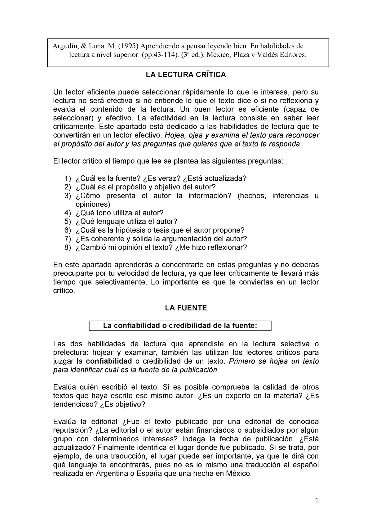 Artículo Lectura Crítica La Lectura CrÍtica Un Lector Eficiente Puede