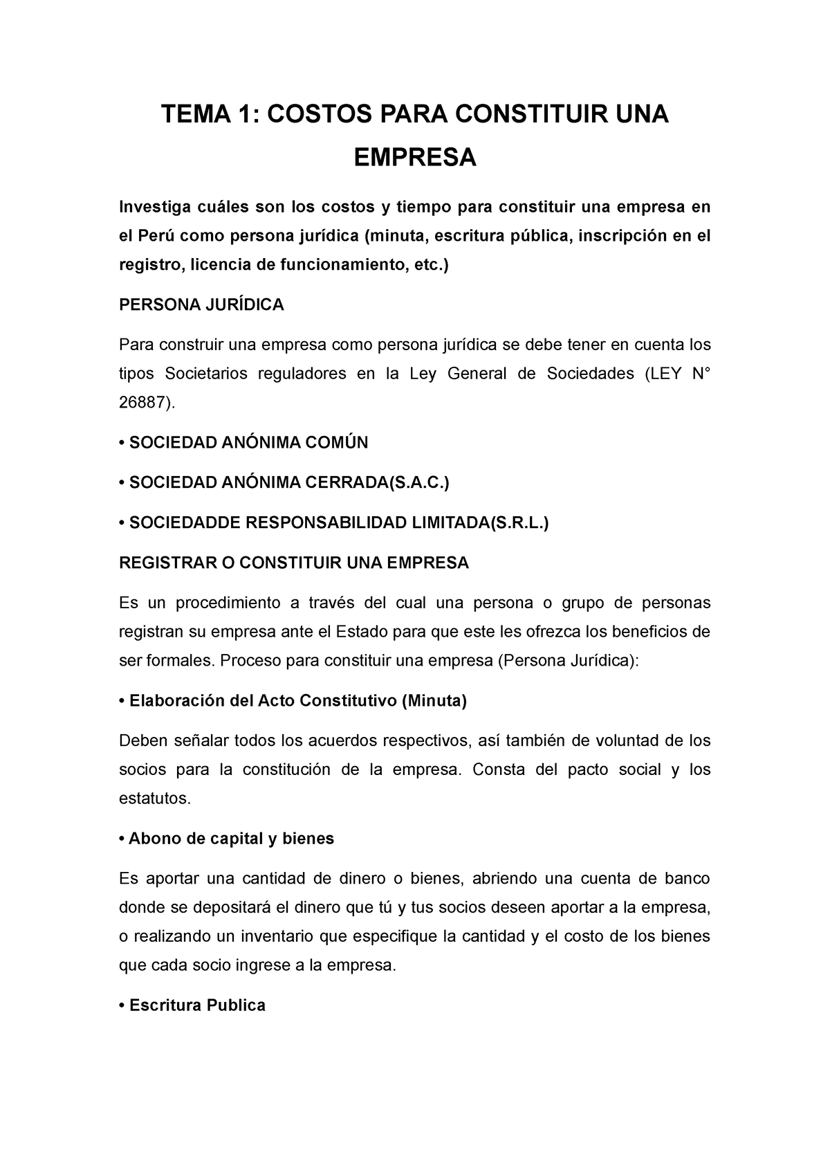 Tema 1 Costos Para Constituir Una Empresa Tema 1 Costos Para