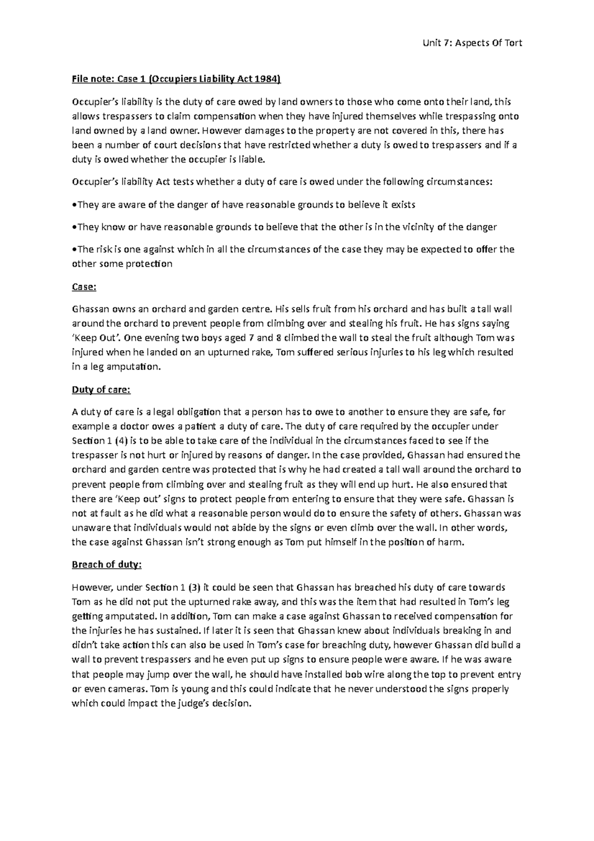 Occupiers Liability Notes Unit 7 Aspects Of Tort File Note Case 1