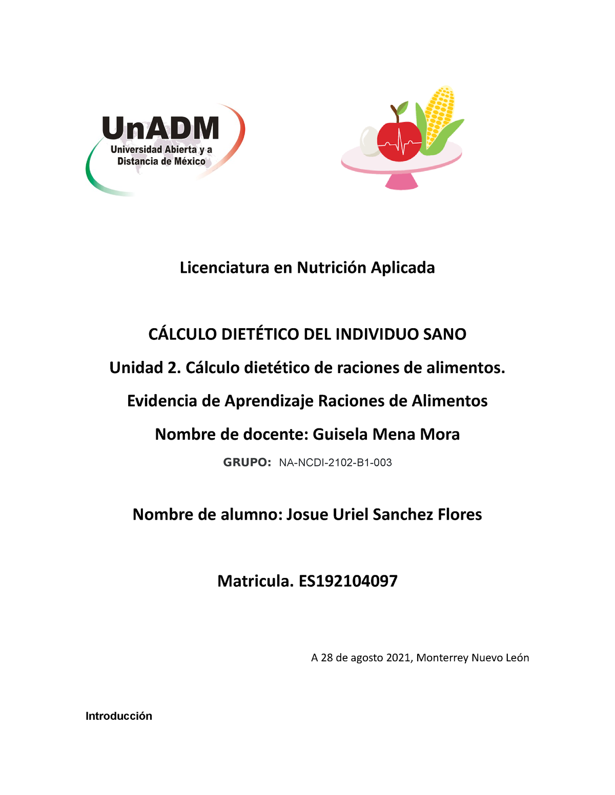 Cdi U2 Ea Jusf Ejercicio De Calculo Dietetico En Nutricion