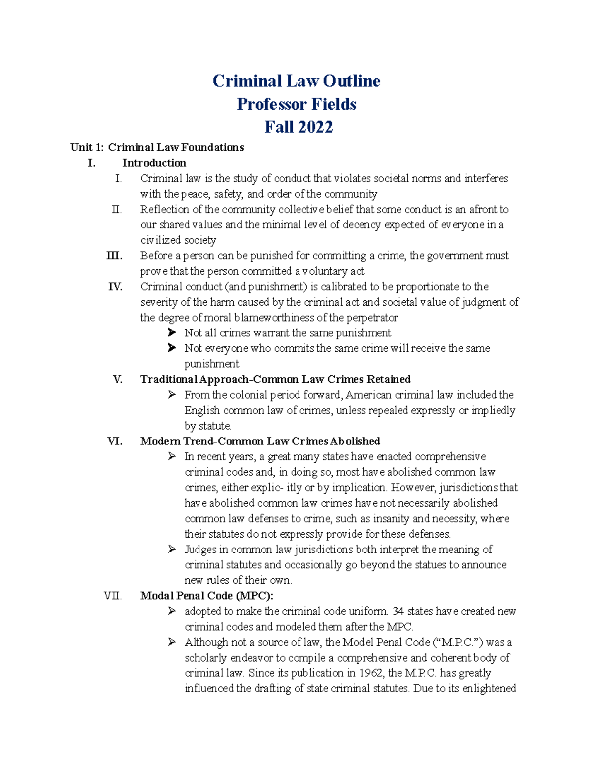 Crim Law 2022 Outline Criminal Law Outline Professor Fields Fall 2022