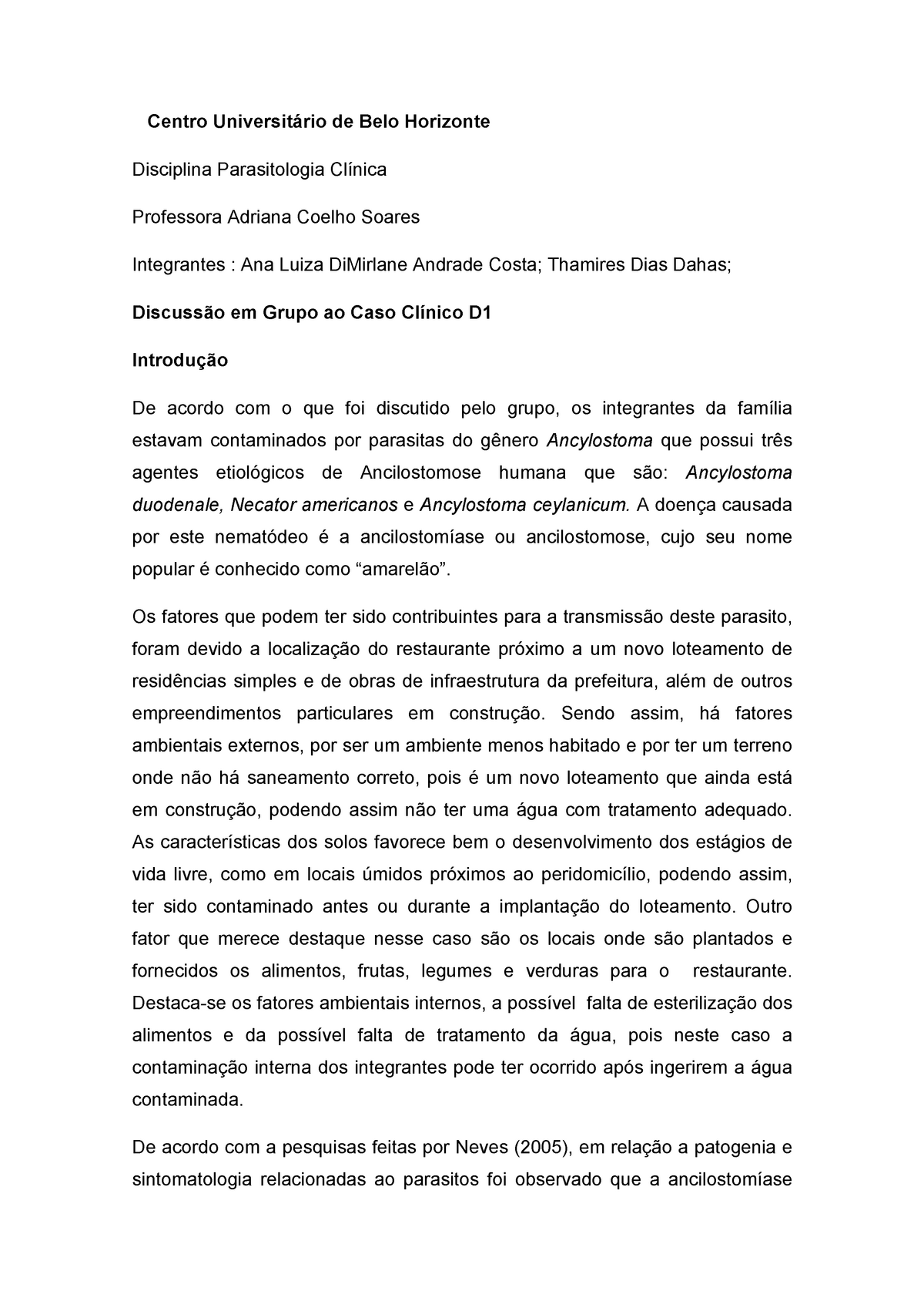 Caso Clinico Ancilostomíase Centro Universitário De Belo Horizonte