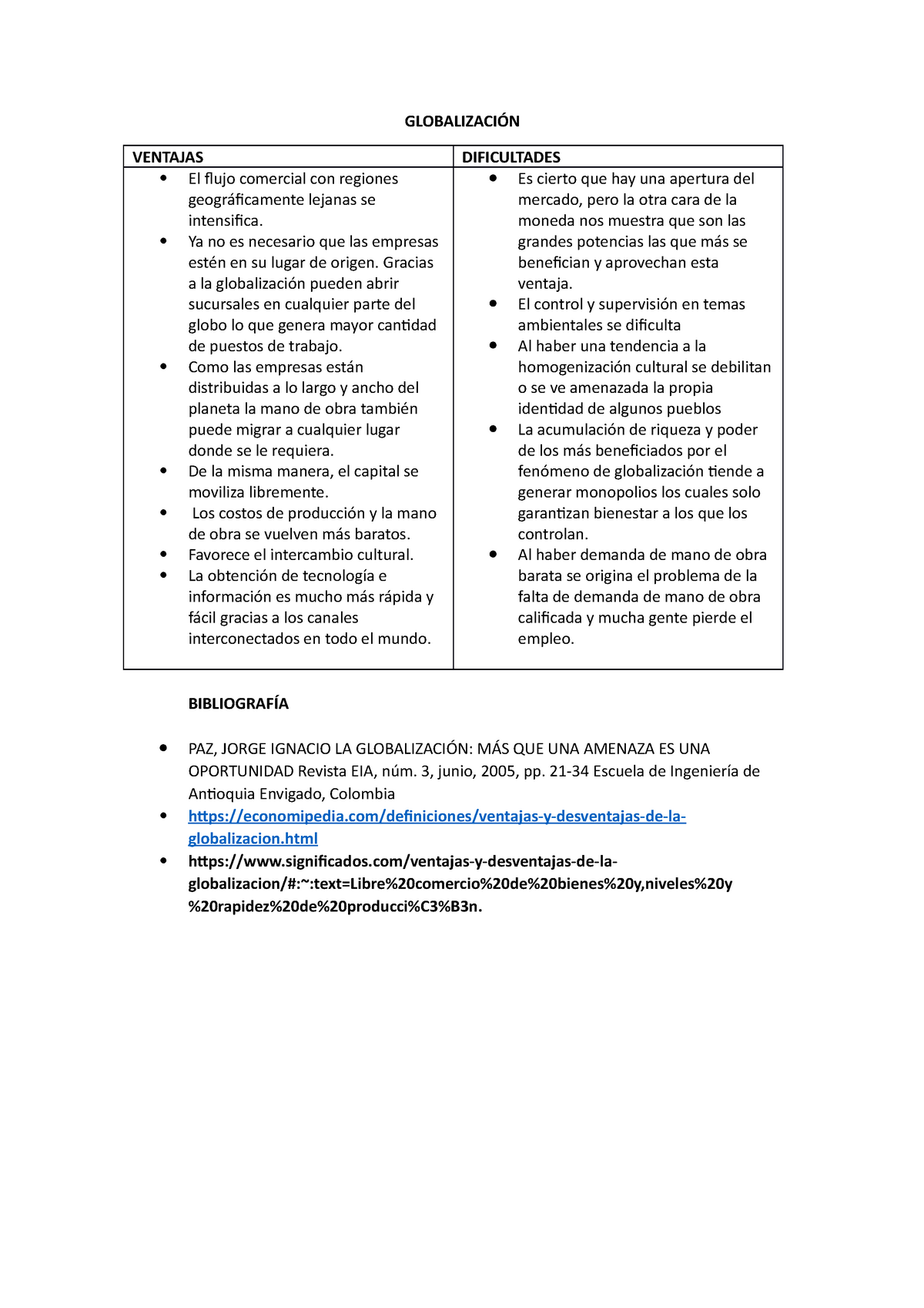 Ventajas Y Dificultades De La Globalización Cuadro Comparativo