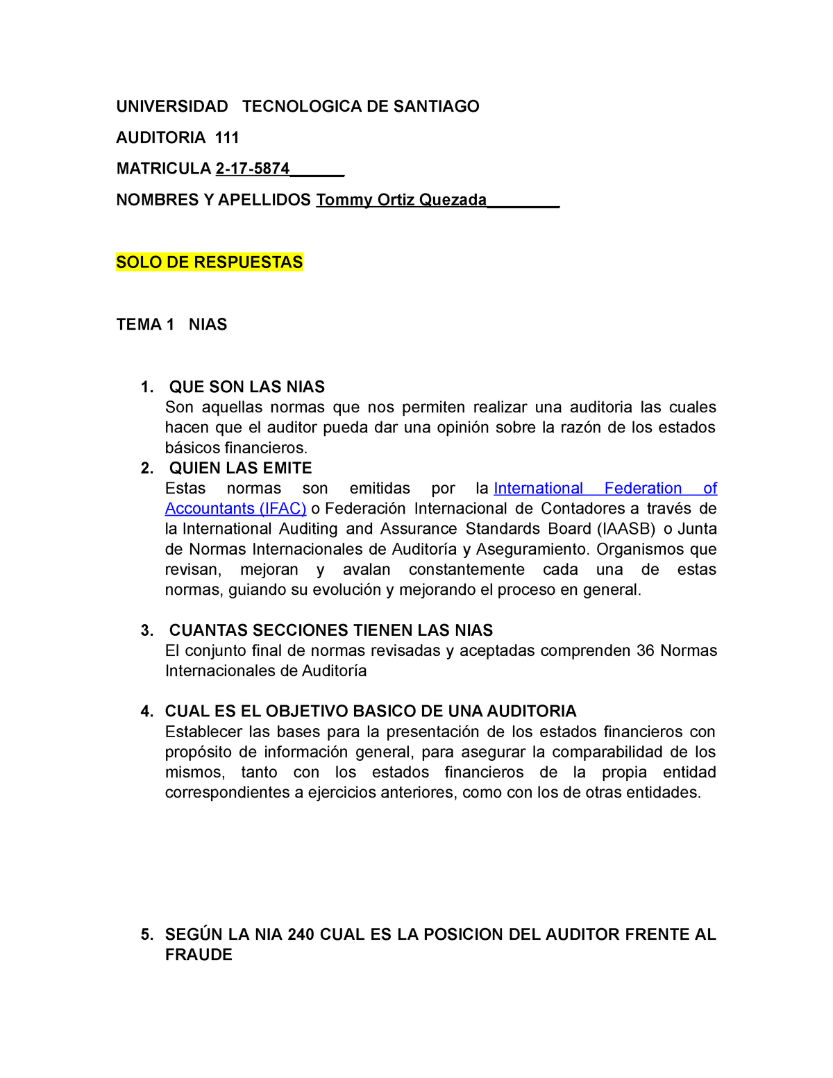 Primer Parcial Auditoria Universidad Tecnologica De Santiago