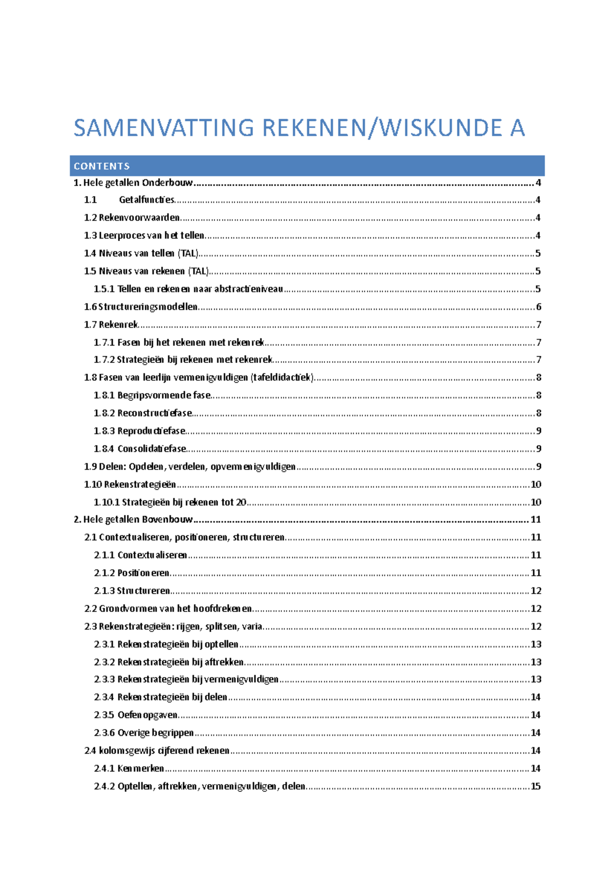 Samenvatting Rekenen Wiskunde Samenvatting Rekenenwiskunde A 1