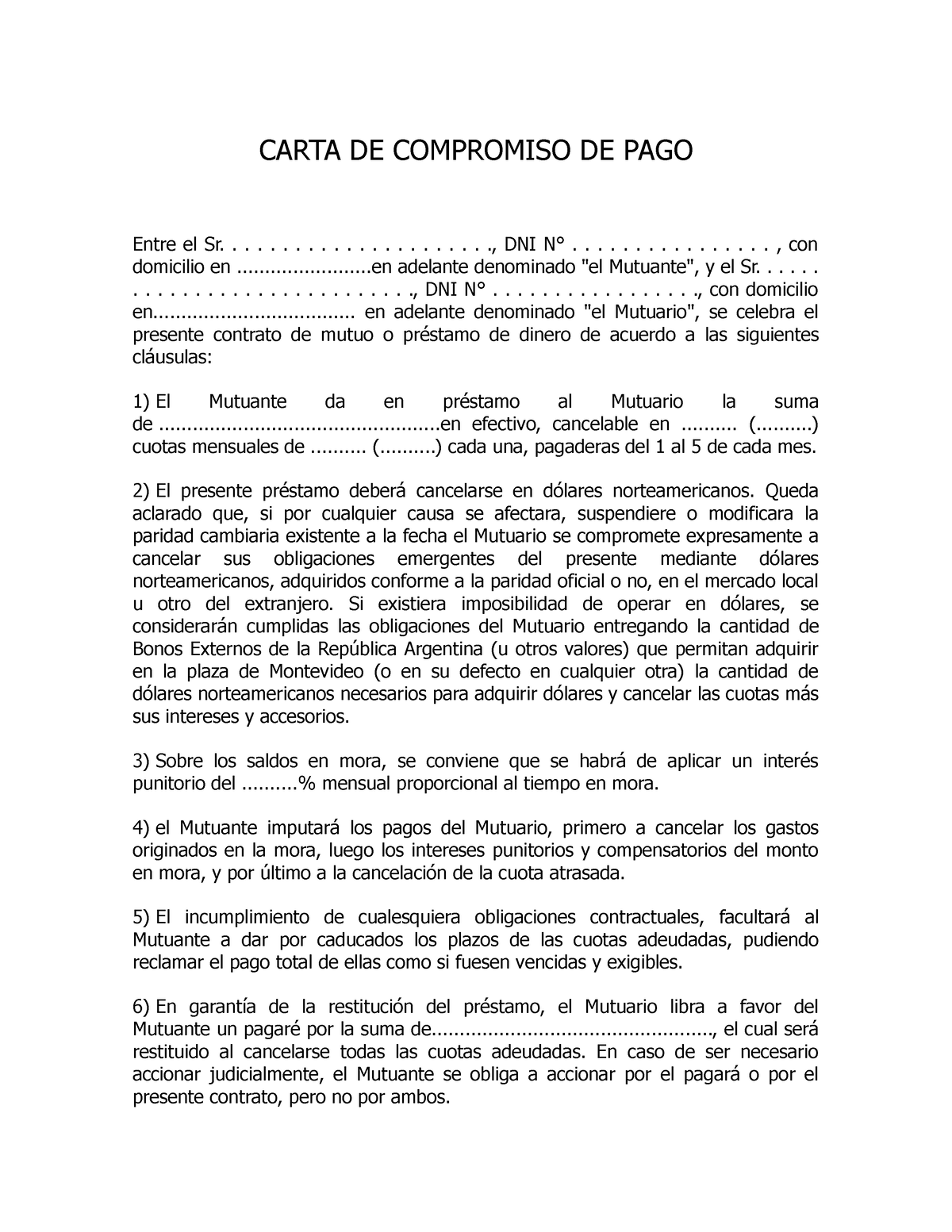 Carta De Compromiso De Pago Pdf