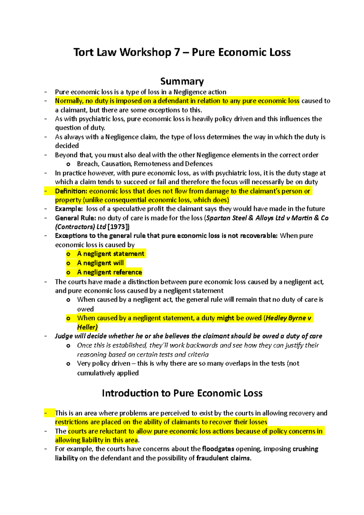 Prepare Work Tort Law Workshop 7 Pure Economic Loss Summary Pure