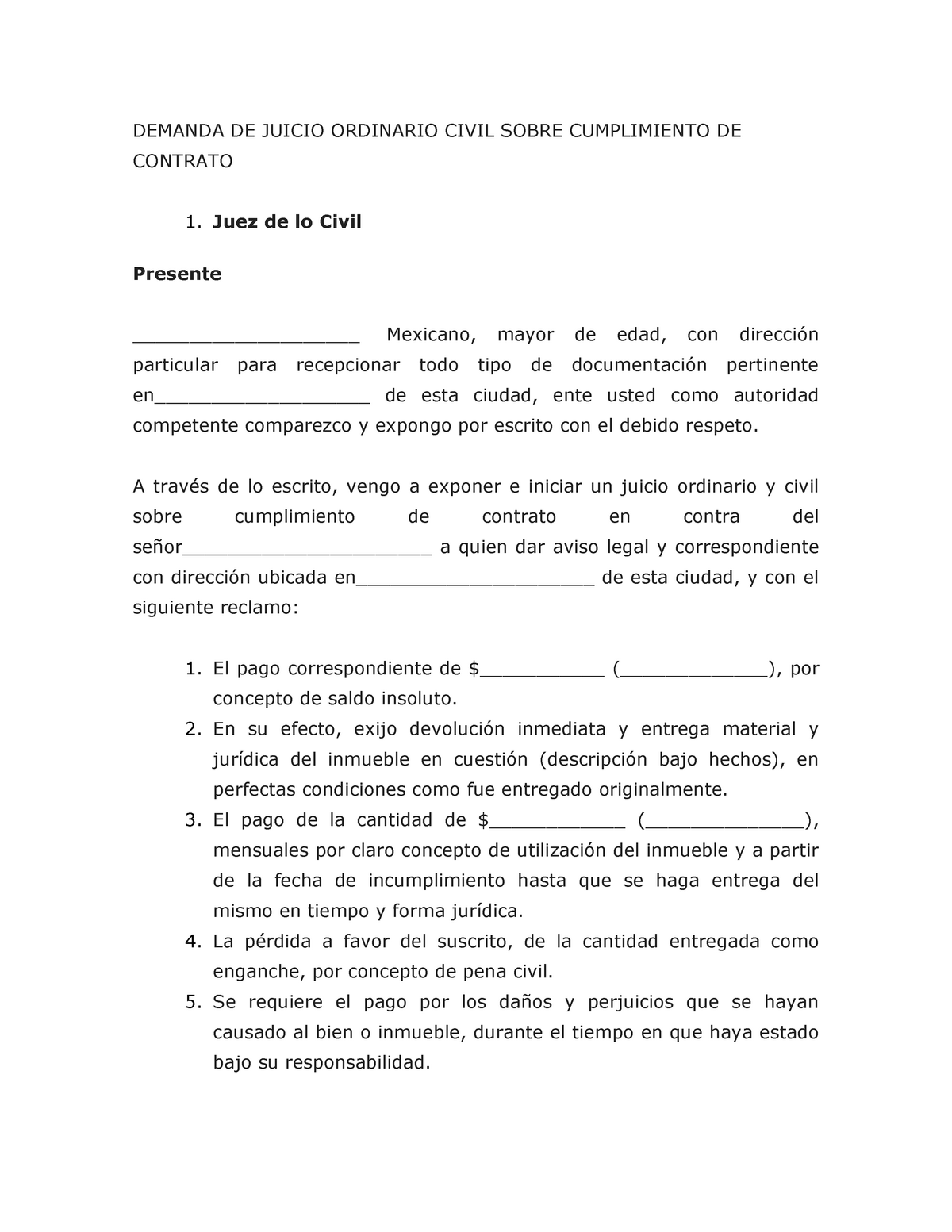 Formato Demanda De Juicio Ordinario Civil Sobre Cumplimiento De