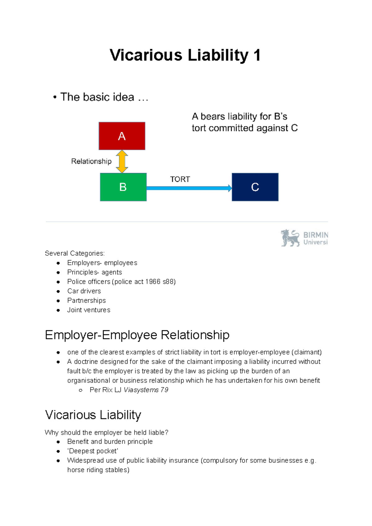 Lecture 5 Tort Vicarious Liability Vicarious Liability 1 Several