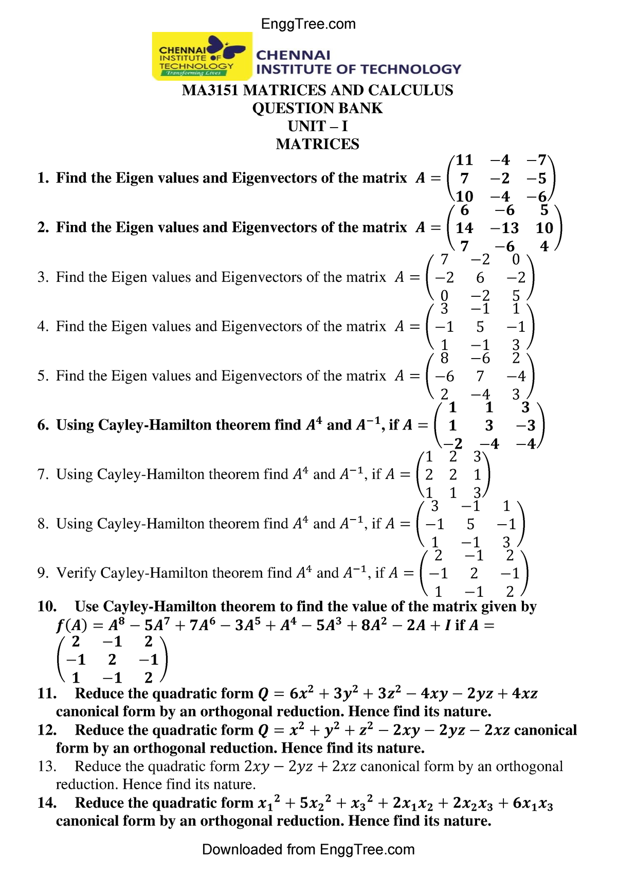 Ma3151 Matrices And Calculus Question Bank 1 Ma3151 Matrices And