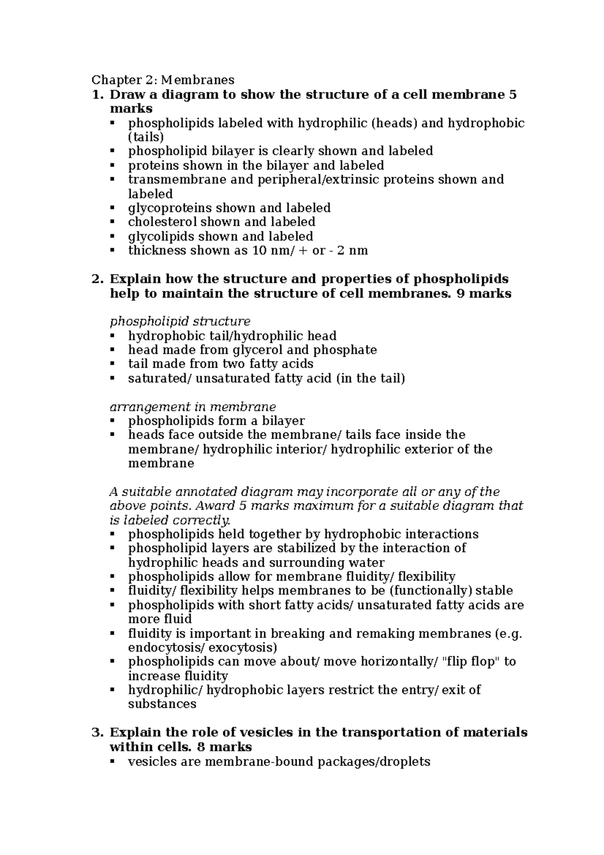 Biology Hl Ib Chapter 2 Exam Style Questions Chapter 2 Membranes