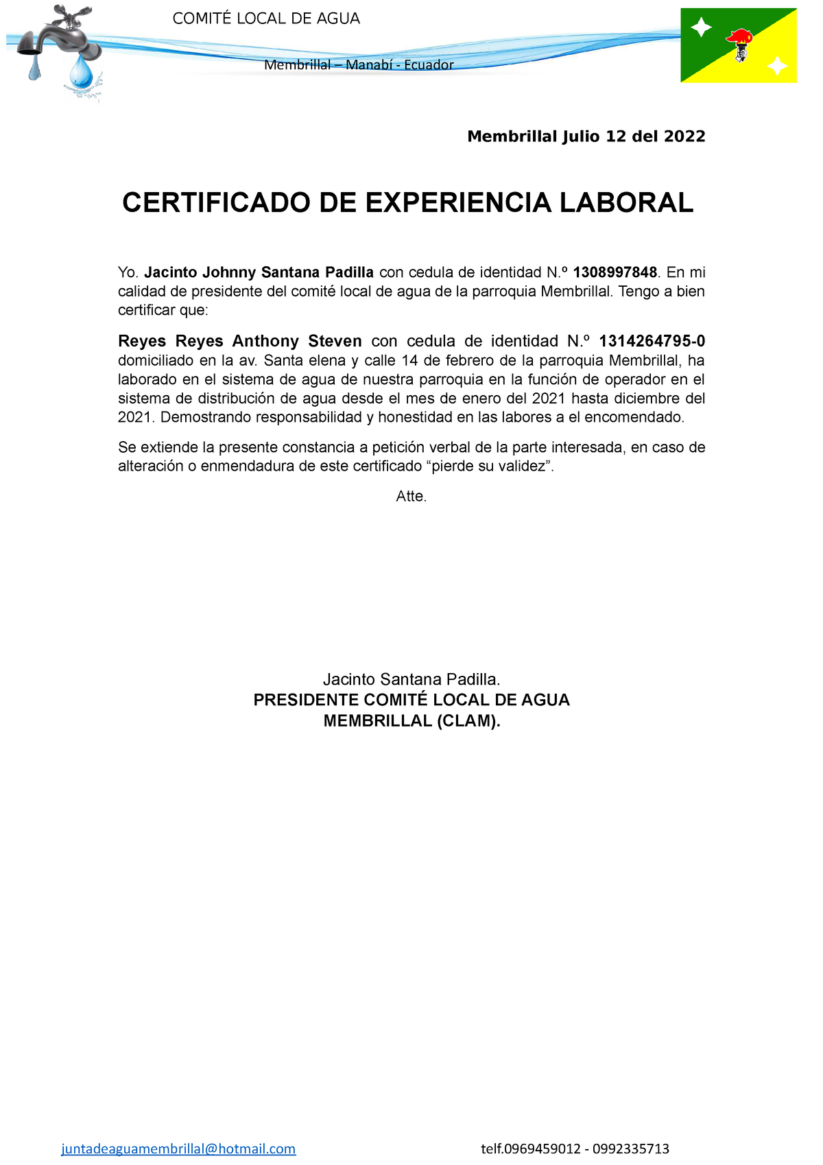 Certificado Laboral Agua Anthony Membrillal Julio 12 Del 2022