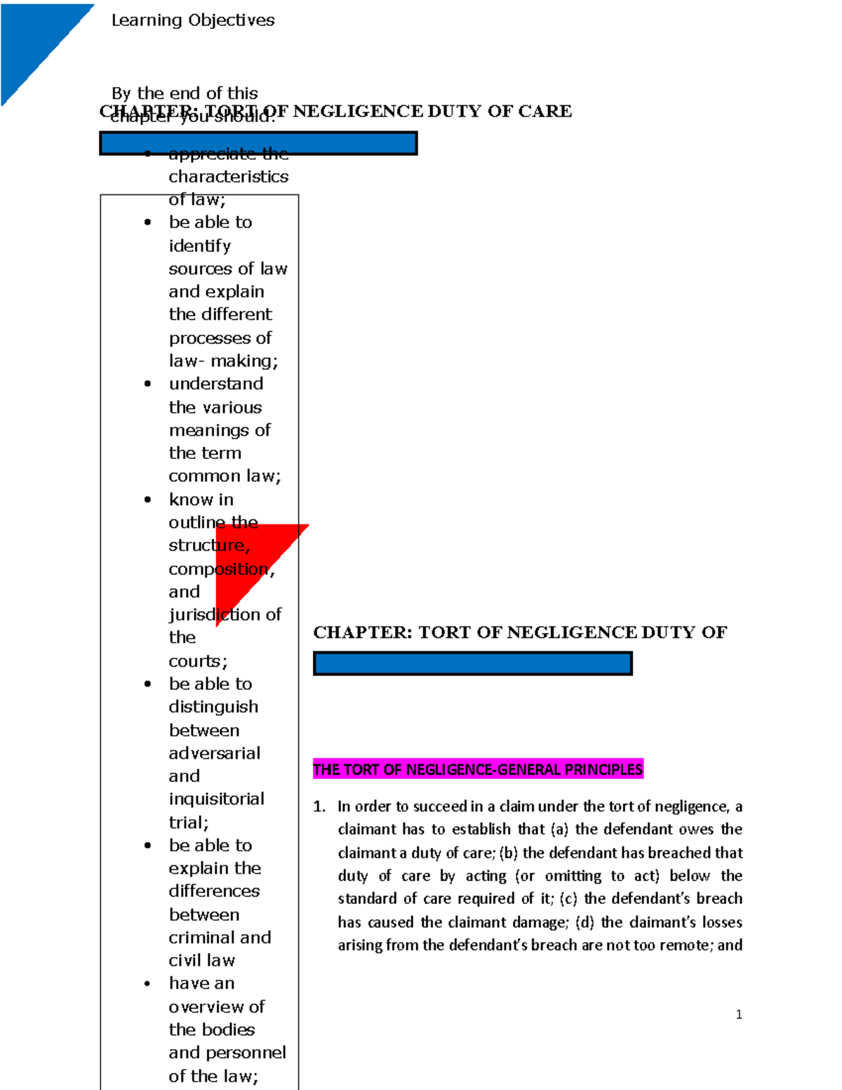 Tort Notes Law 284 Chapter 2 Tort Negligence Duty Of Care Version 3