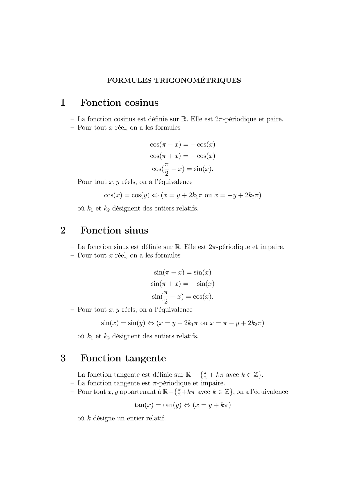 Formulaire Trigo Outil Math 2022 Formules TrigonomÉtriques 1 Fonction