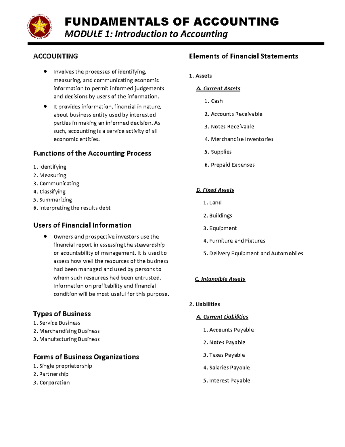 Fundamentals Of Accounting Module 1 Introduction To Accounting