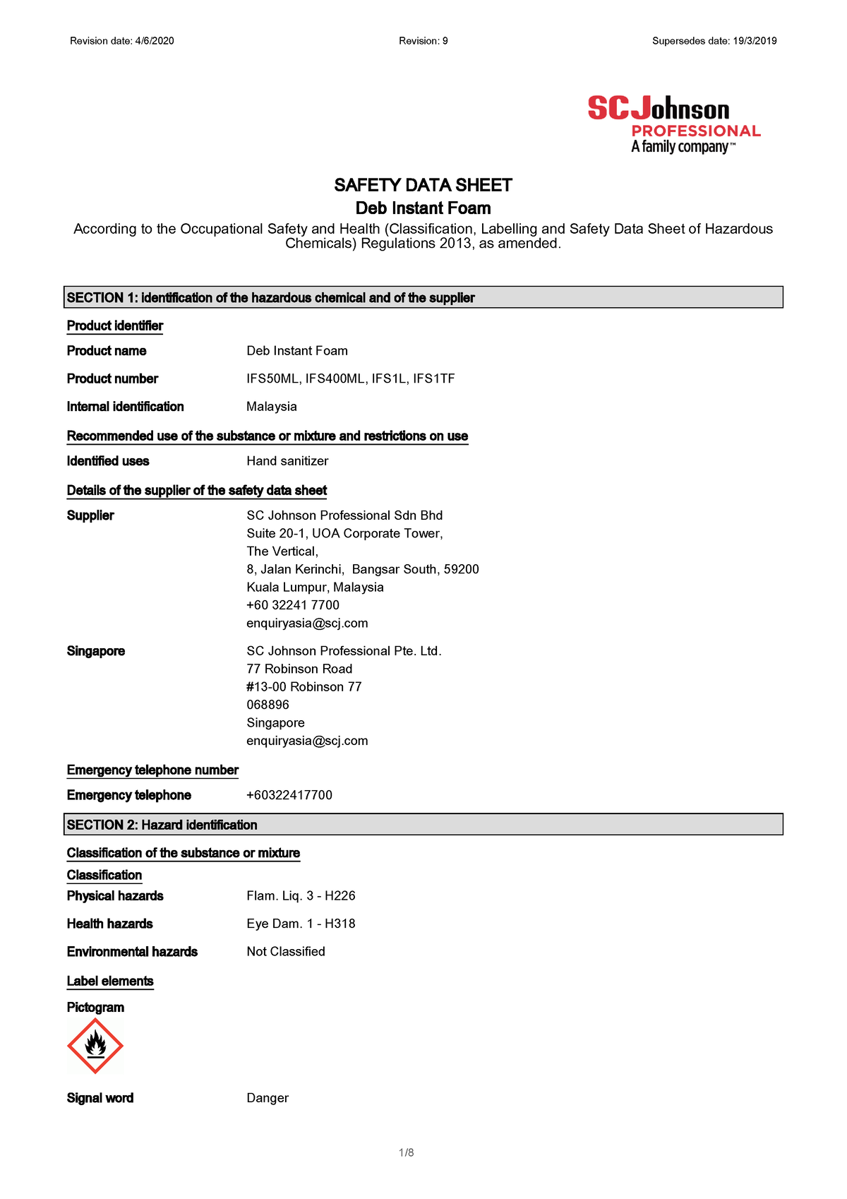 Instant Foam English Safety Data Sheet Deb Instant Foam According