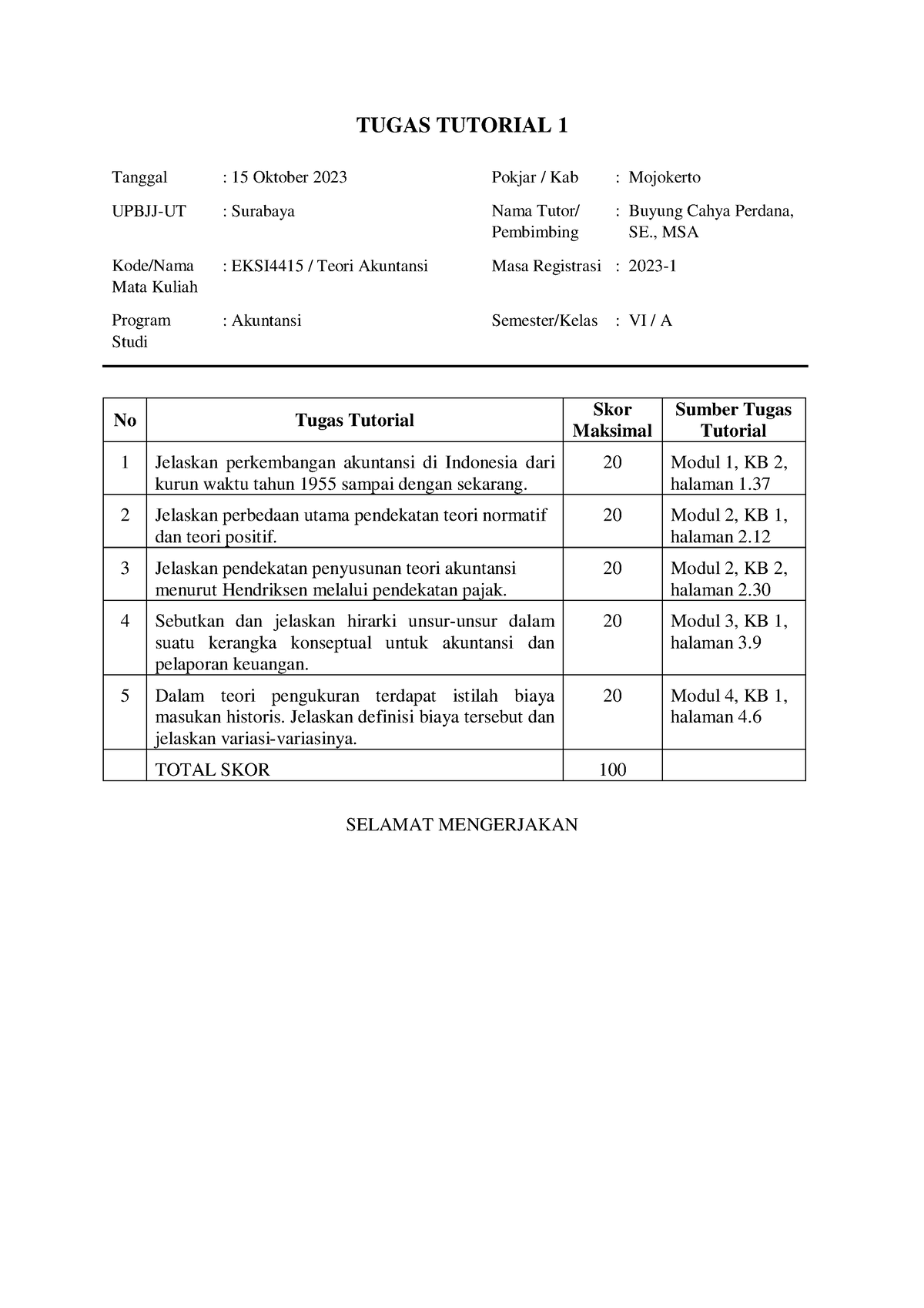 Soal Tt1 Soal Tt1 Tugas Tutorial 1 Tanggal 15 Oktober 2023 Pokjar