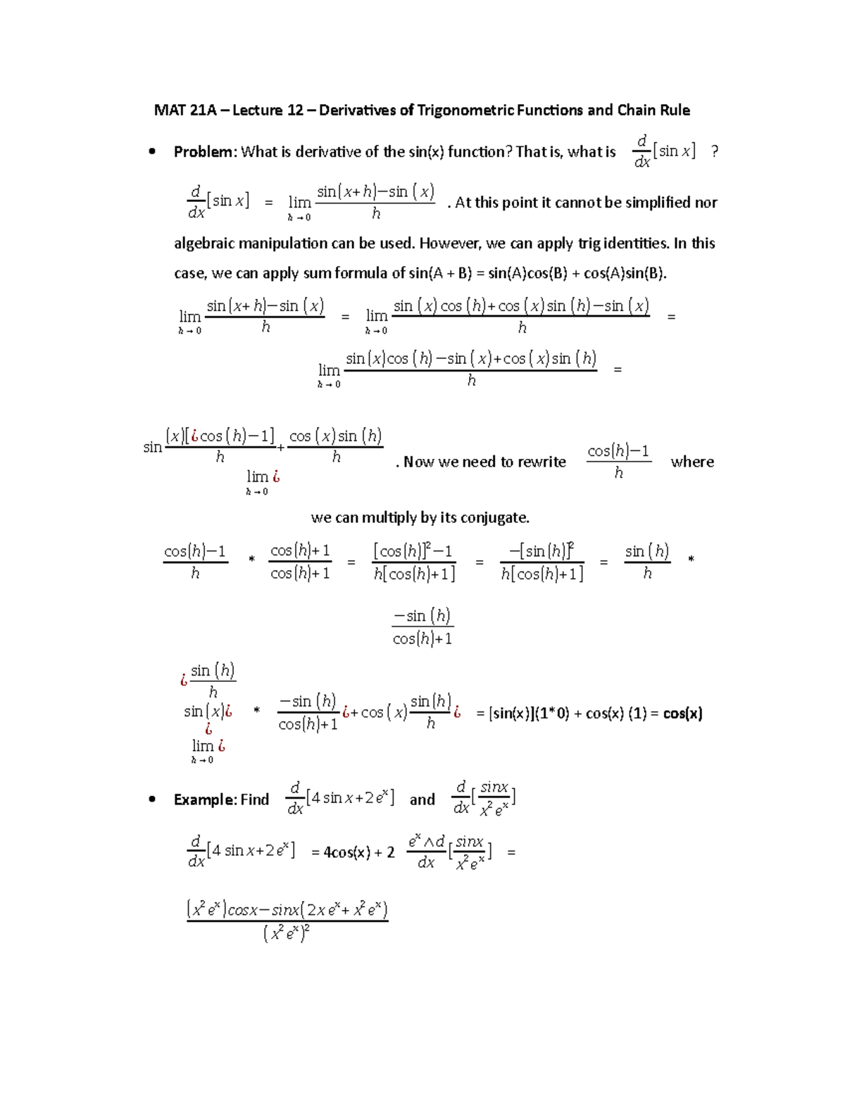 Mat 21a Lecture 12 Derivatives Of Trigonometric Functions And Chain