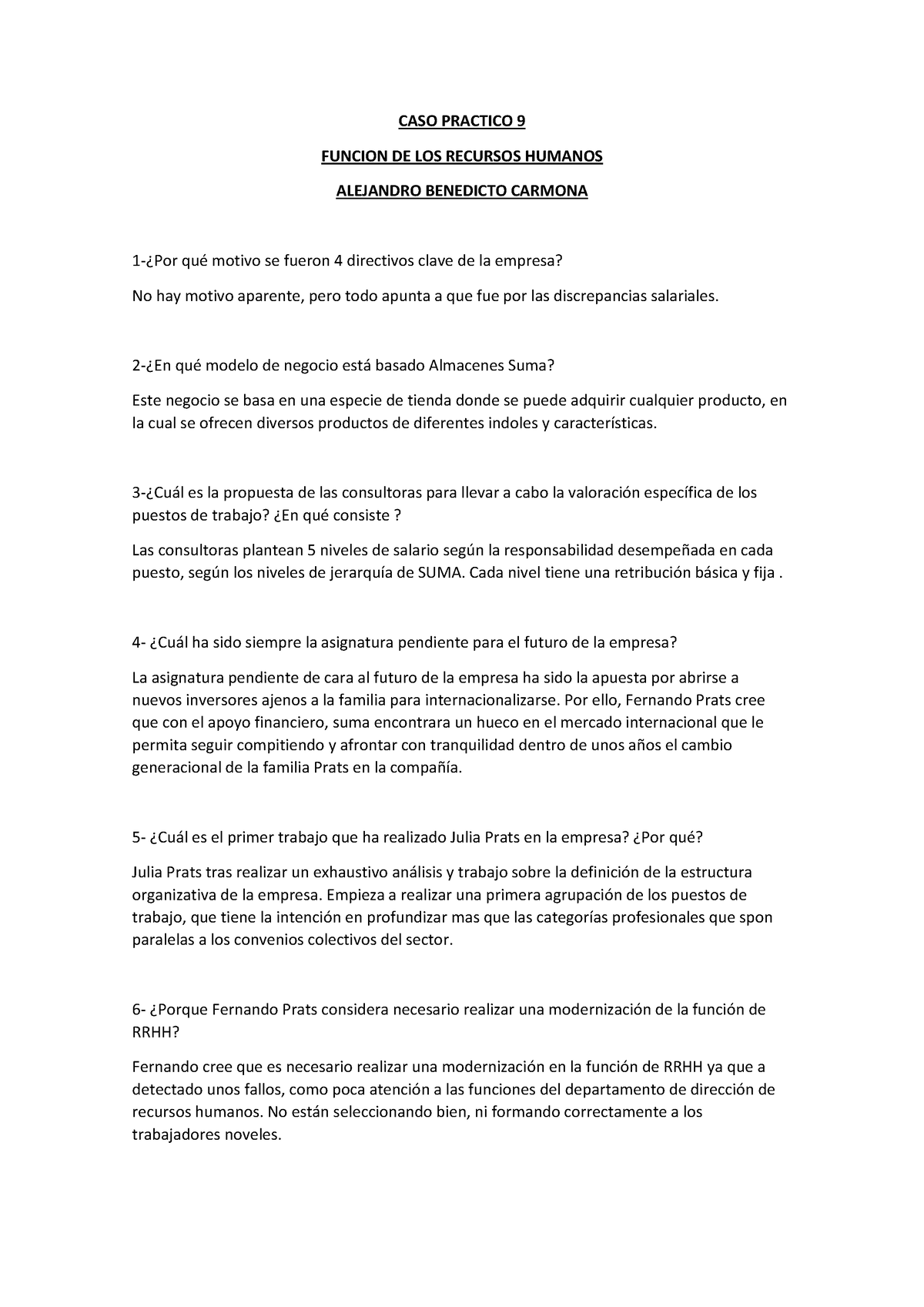 Caso Practico 9 Funcion De Los Recursos Humanos Caso Practico 9