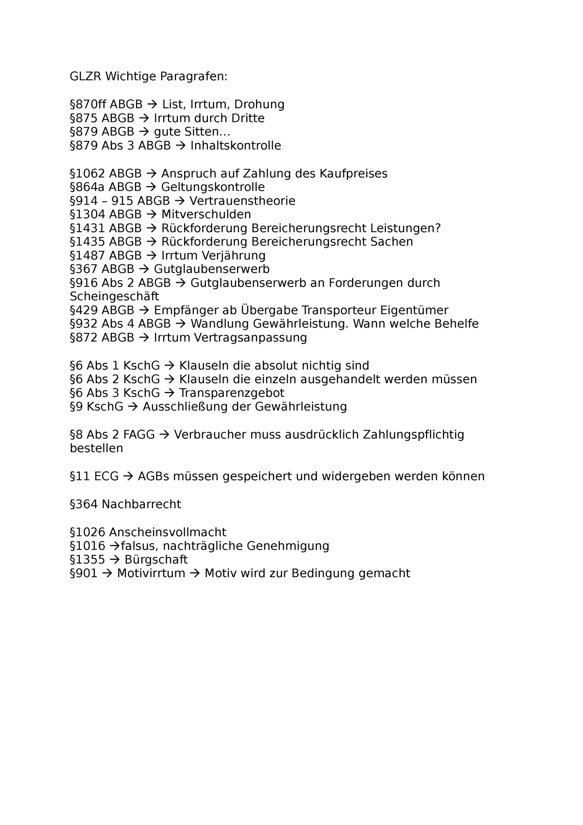 Glzr Wichtige Paragrafen Grundlagen Des Zivilrechts Wu Wien Studocu