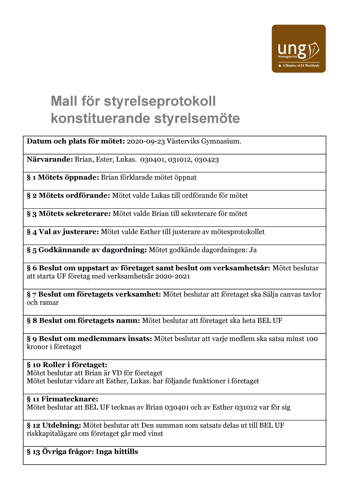 Mall Styrelseprotokoll Konstituerande Styrelsemote 3 0 Studocu