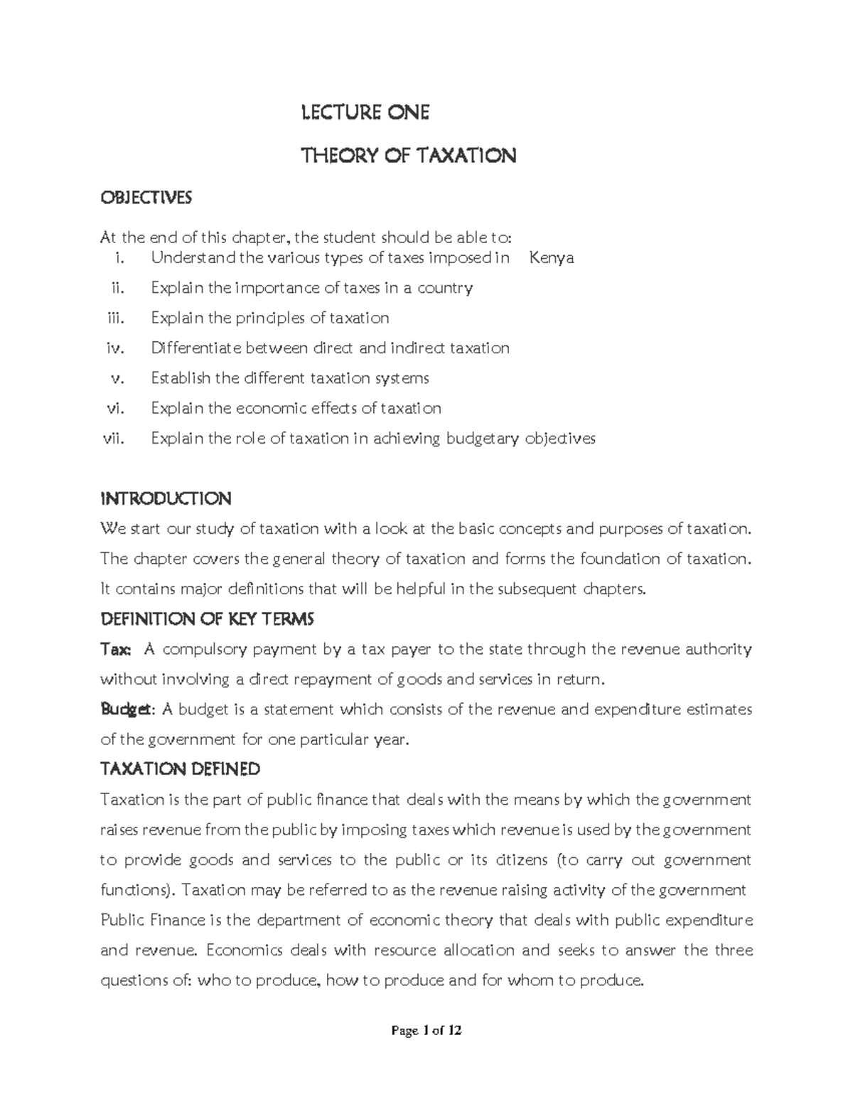 Principles Of Taxation Lecture 1 Notes Lecture One Theory Of