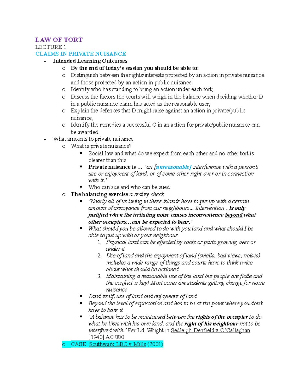 Law Of Tort First Half Of The Semester Notes Law Of Tort Lecture 1