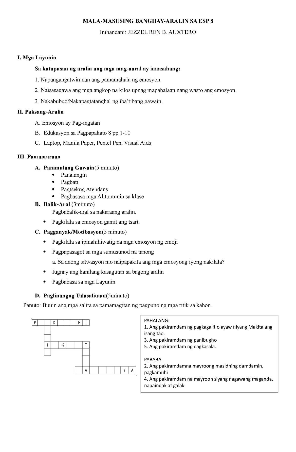 Cot Lesson Plan Guide Mala Masusing Banghay Aralin Sa Esp 8