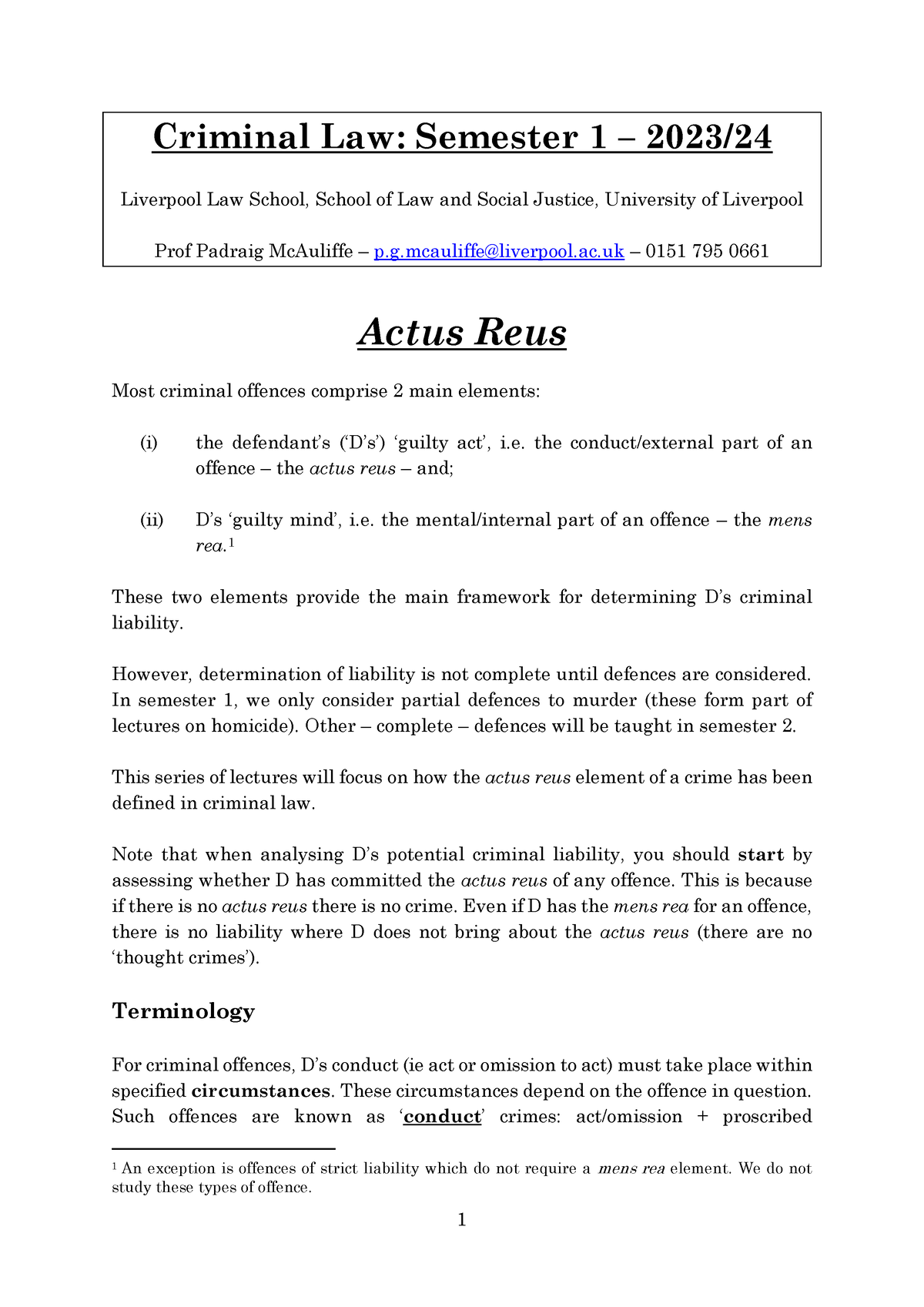 Actus Reus Handout 2023 24 Criminal Law Semester 1 2023 24