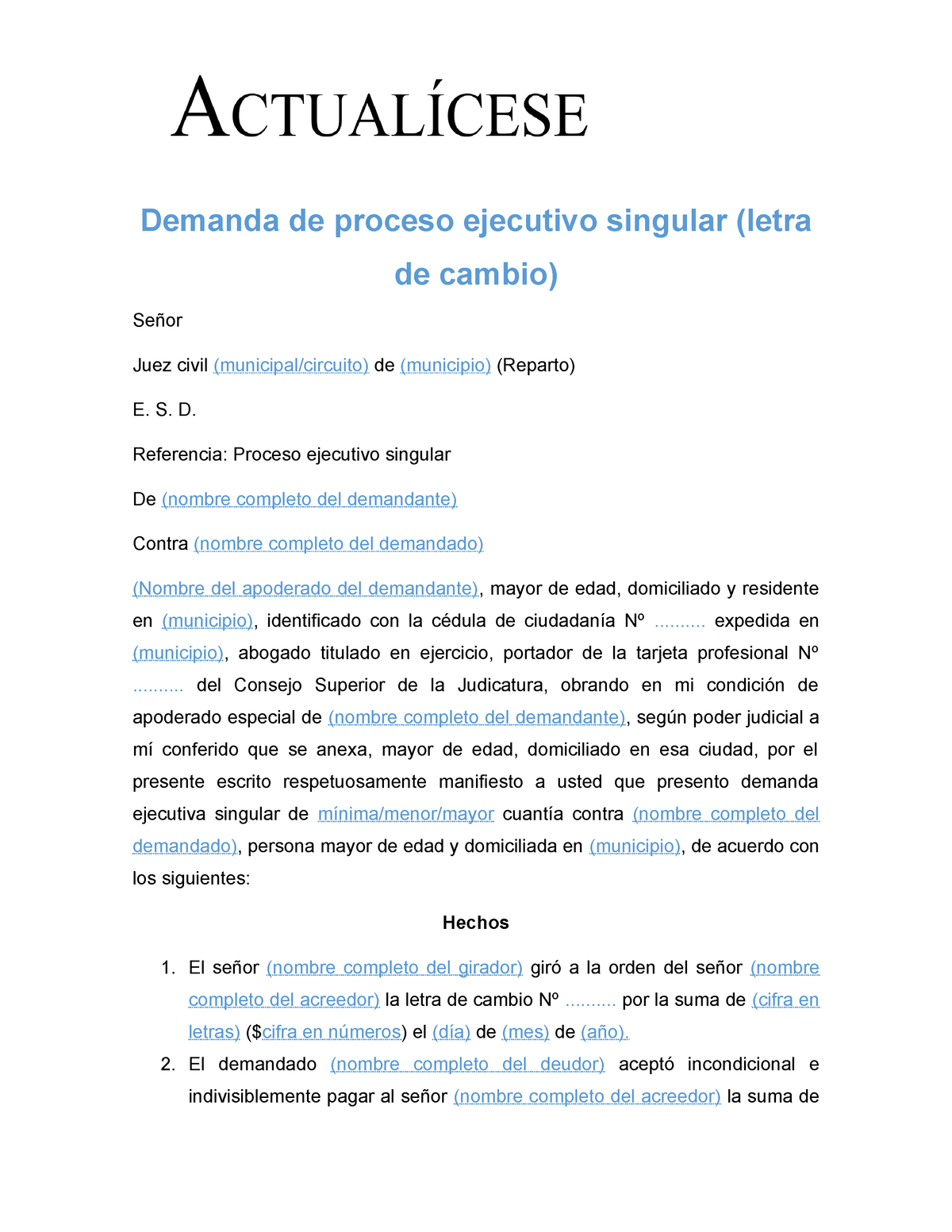 Ejecutivo Singular Letra Cambio Demanda De Proceso Ejecutivo Singular