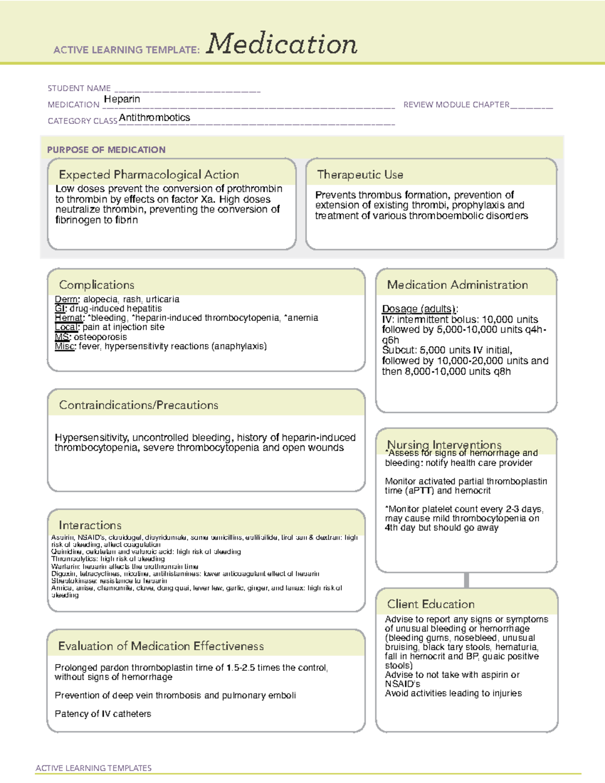 Ati Medication Heparin Active Learning Templates Medication Student