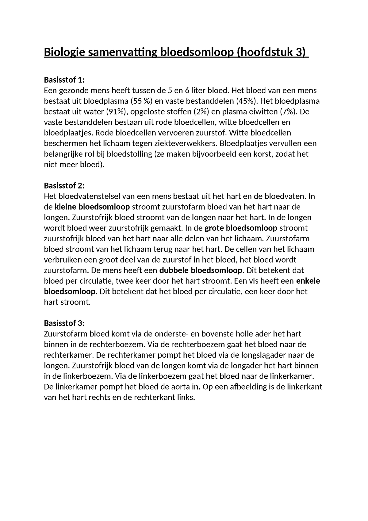 Biologie Samenvatting Hoofdstuk 3 Biologie Samenvatting Bloedsomloop