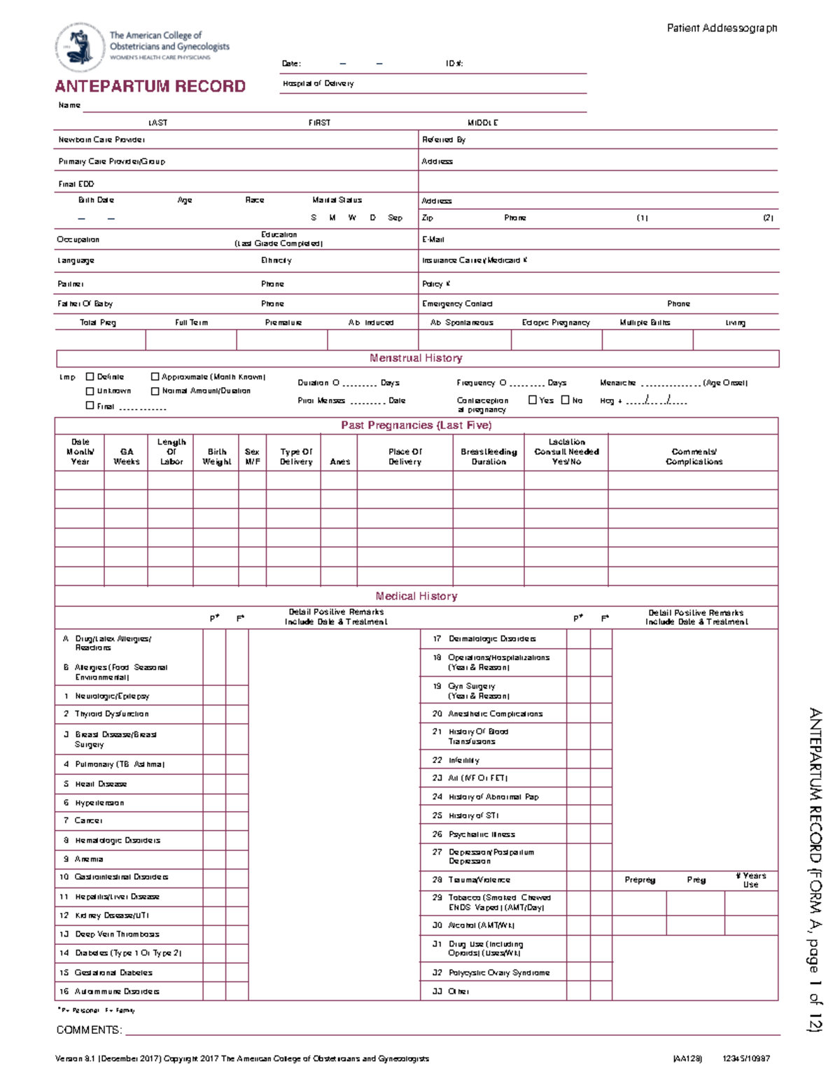 Acog Antepartum Record Form B