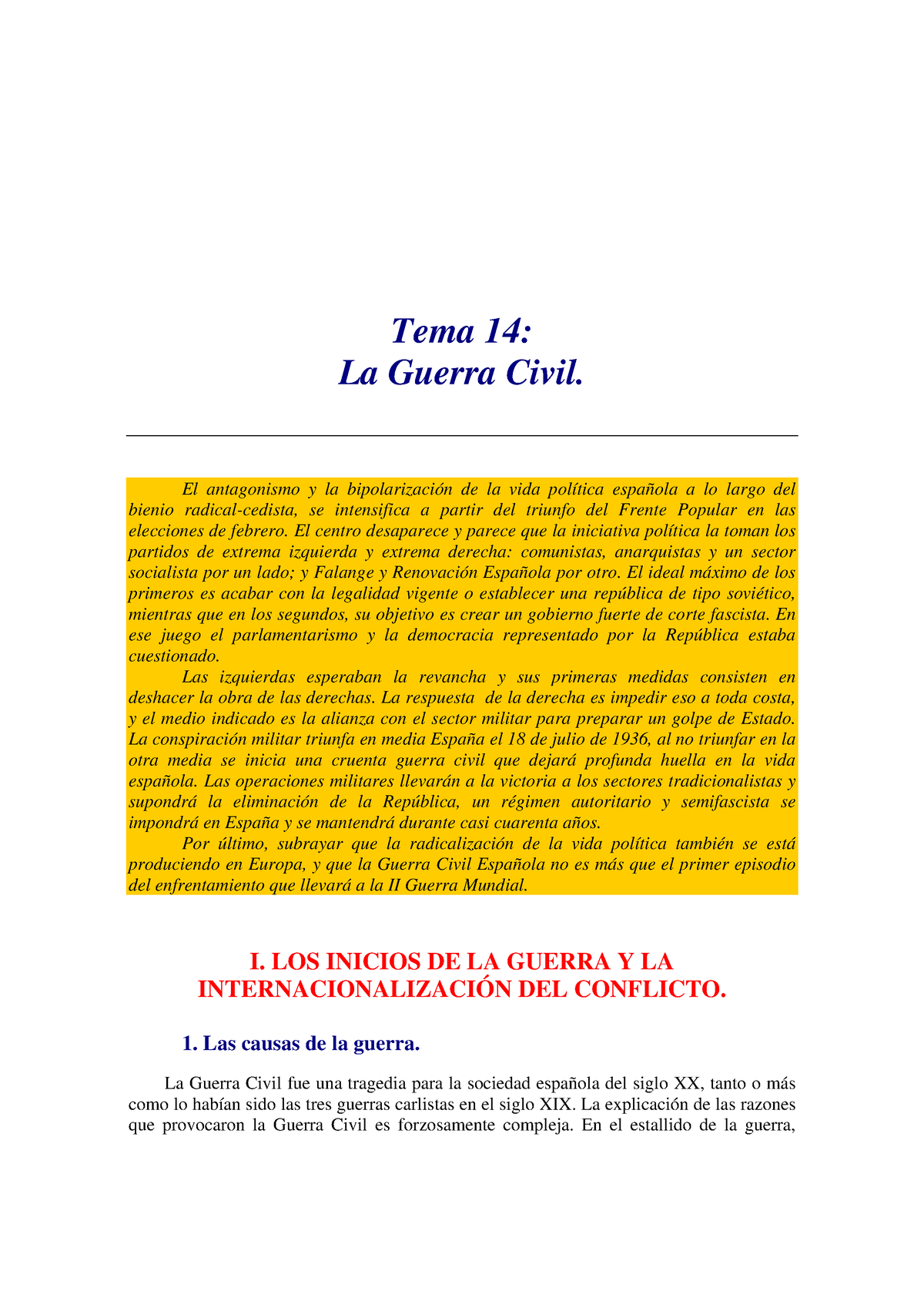 La Guerra Civil Esp Historia Tema 14 La Guerra Civil El