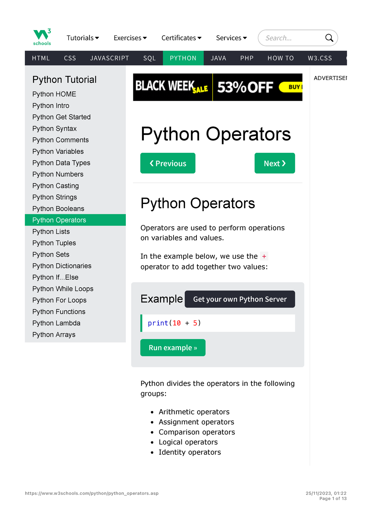 Python Operators ‹ Previous Next › Python Operators Python Operators