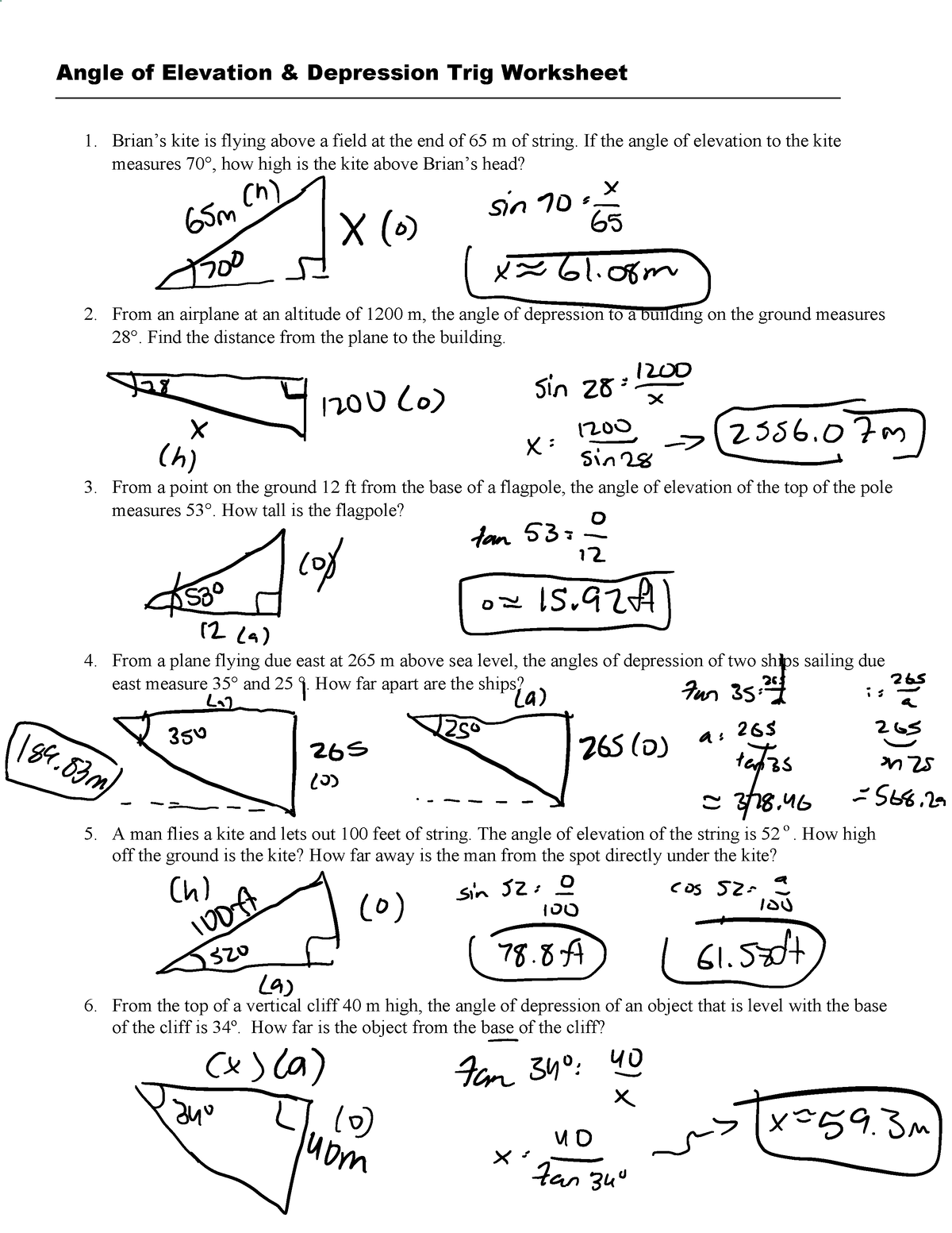 Angles Of Elevation And Depression Practice Angle Of Elevation