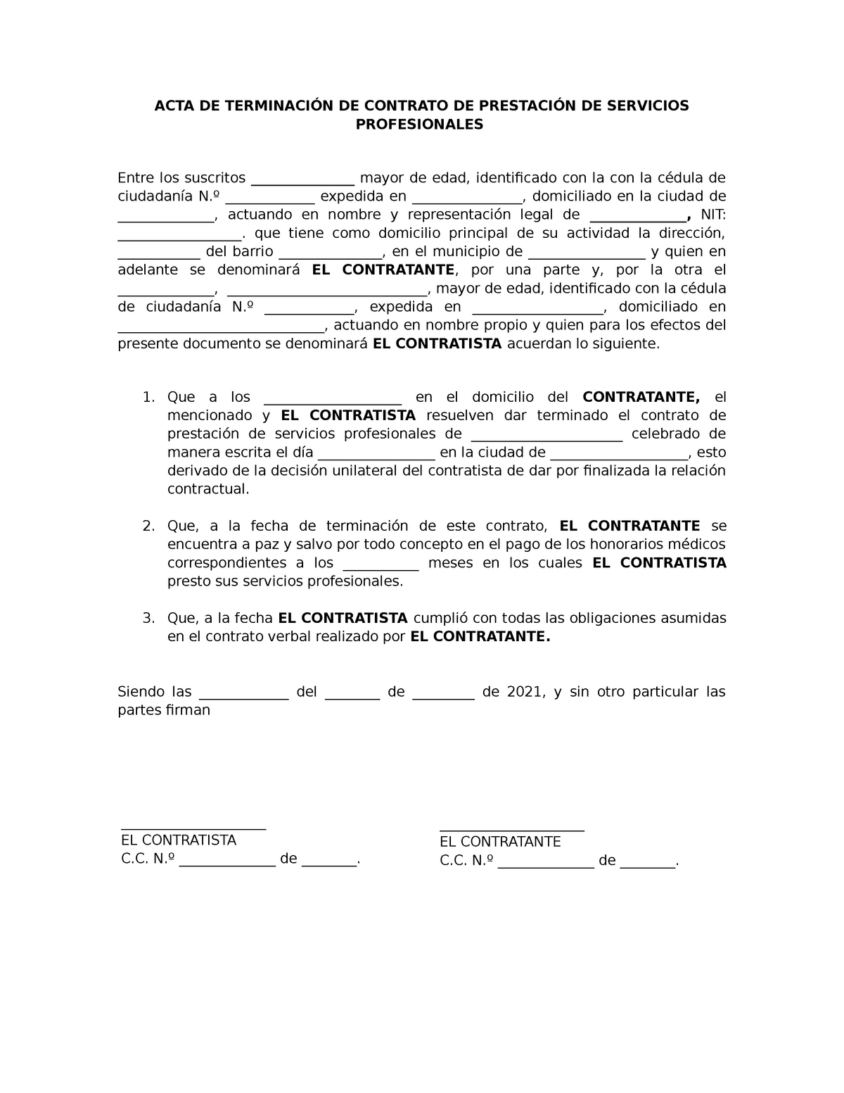 Acta De Terminación De Contrato De Prestación De Servicios