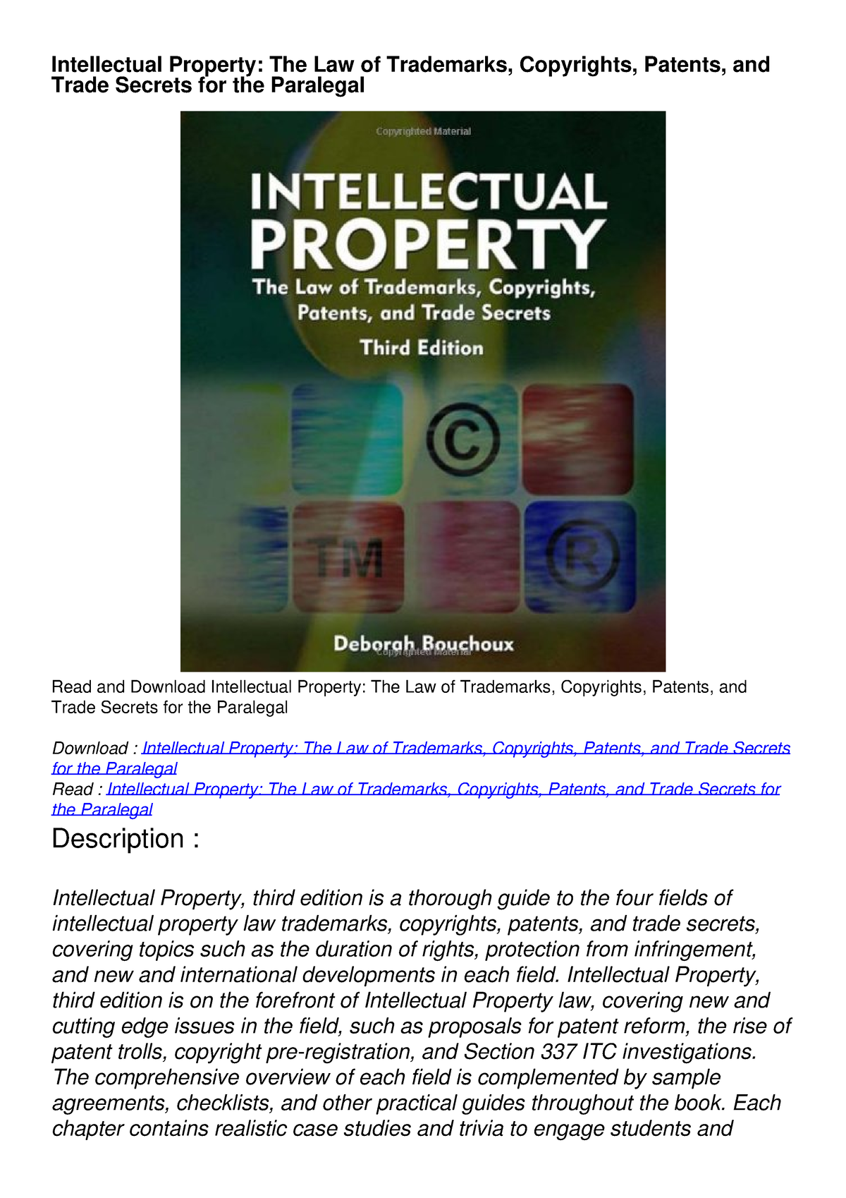 Pdf Intellectual Property The Law Of Trademarks Copyrights Patents