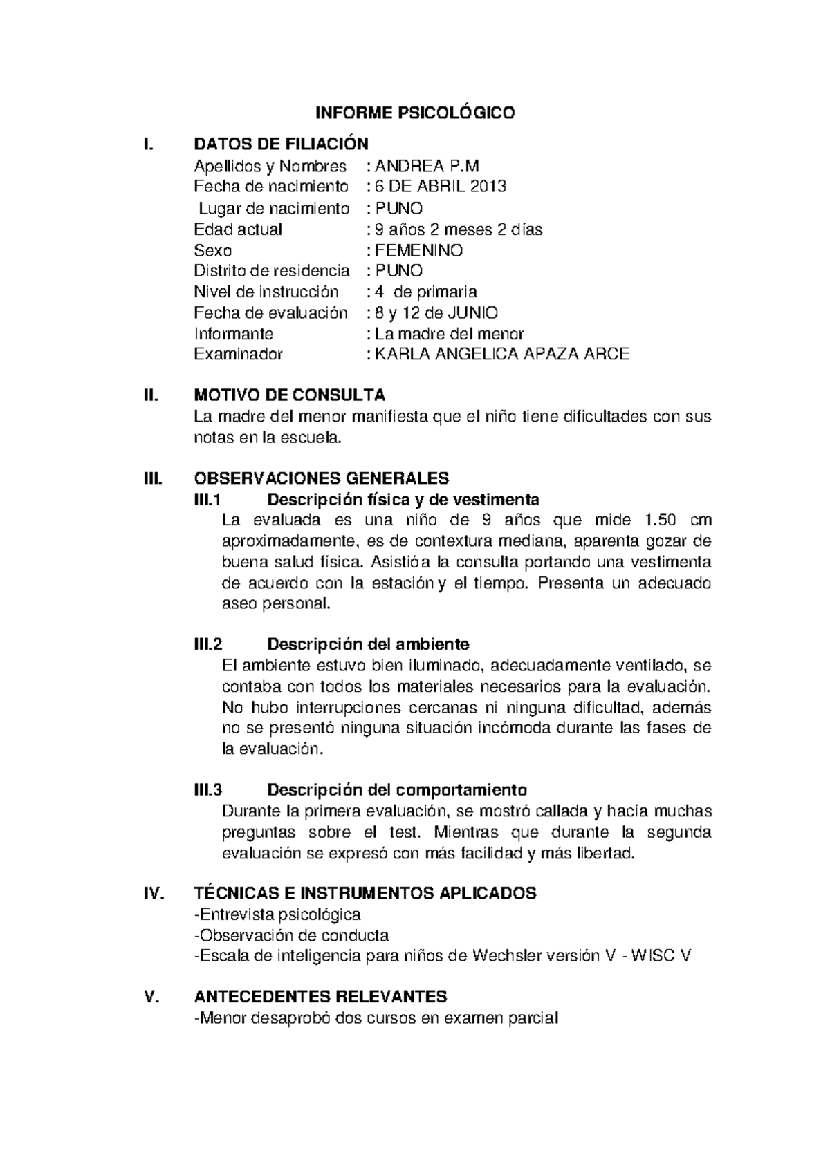 Informe Wisc Informe PsicolÓgico I Datos De FiliaciÓn Apellidos Y