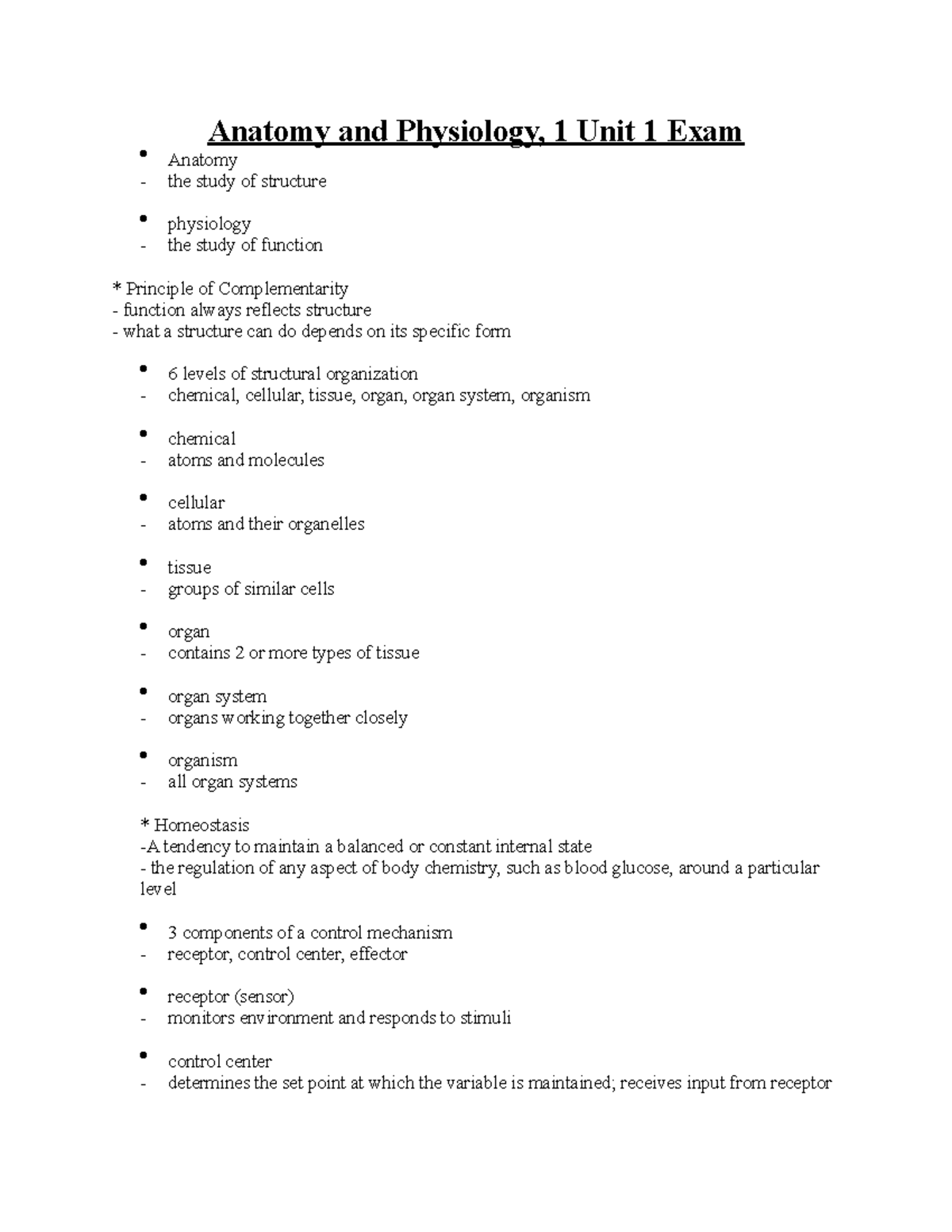 Anatomy And Physiology Exam 1 Anatomy And Physiology 1 Unit 1 Exam