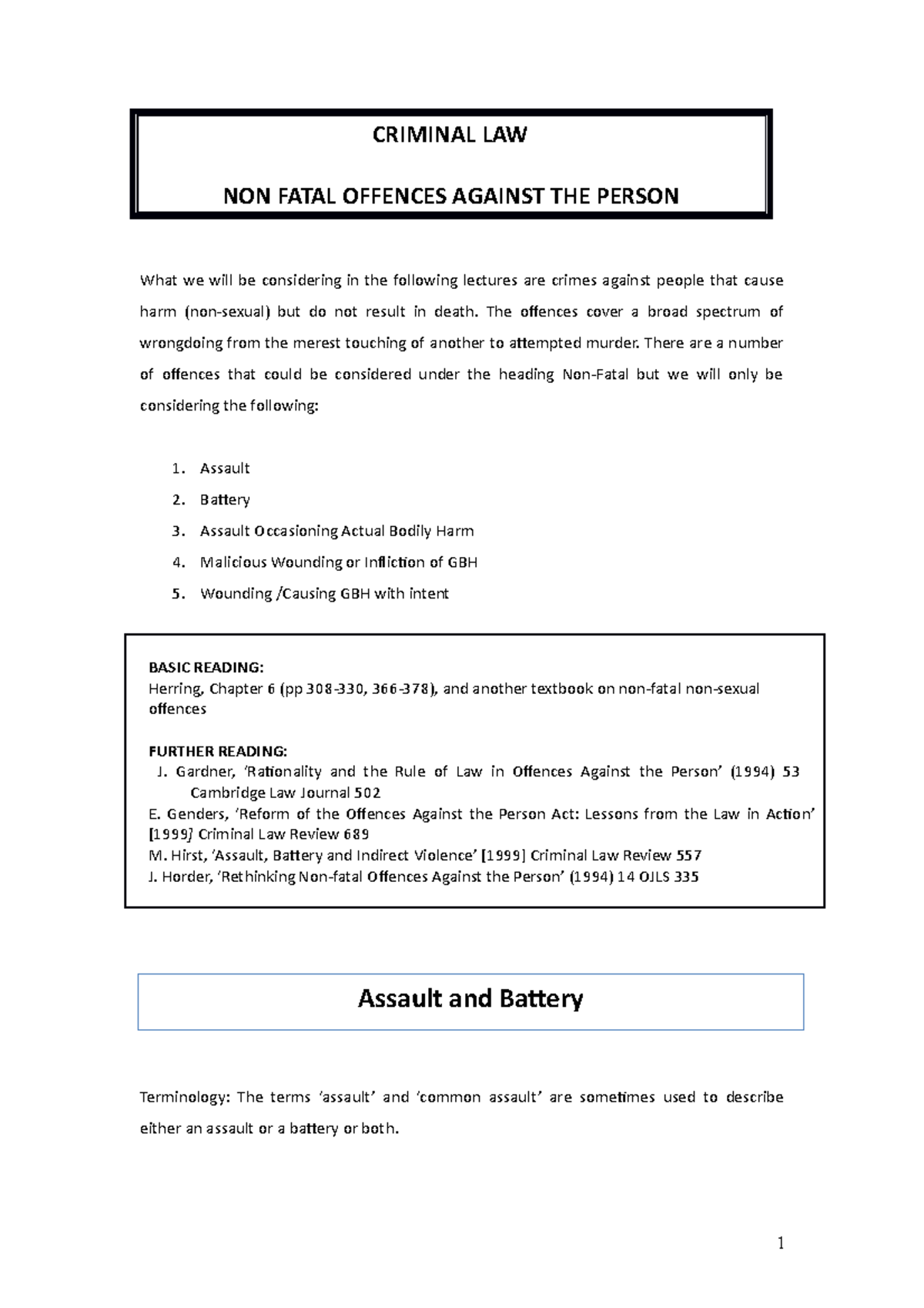 Non Fatal Non Sexual Offences Guideline Criminal Law Non Fatal