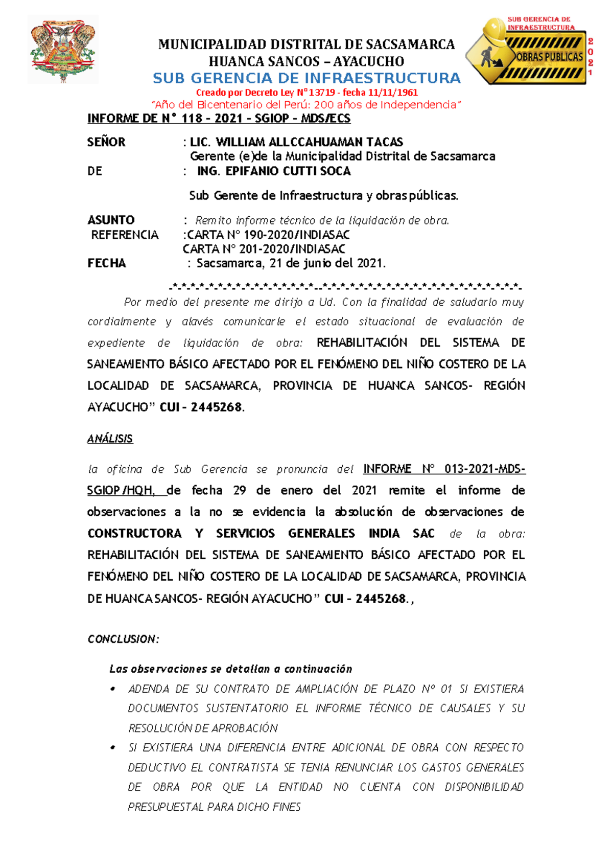 Informe N° 118 A Pliego De Observacion Al Liquidacion De Obra